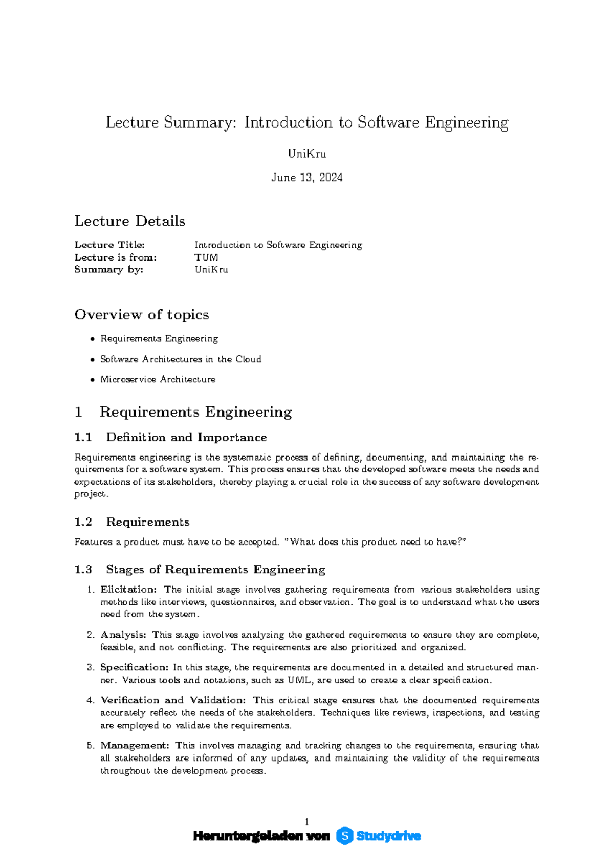 EIST Summary 2024 3 Requirements - Lecture Summary: Introduction to Software Engineering UniKru ...