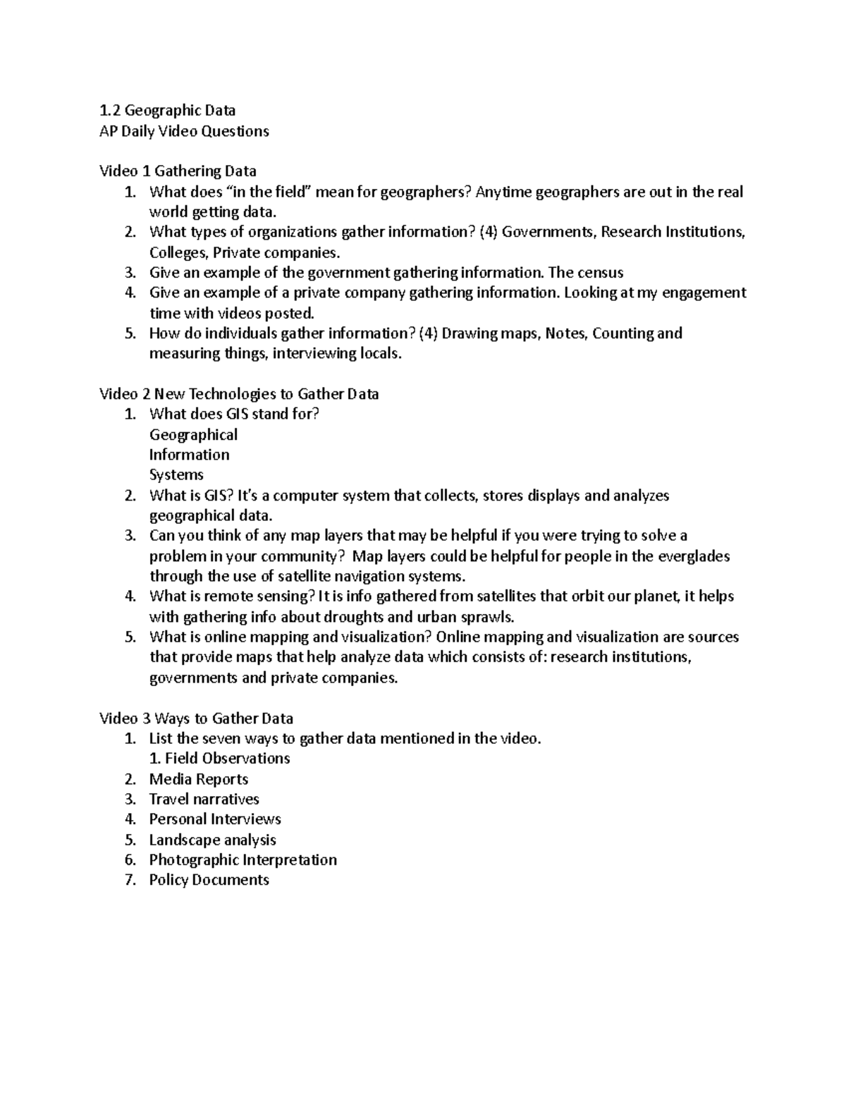 1 - Notes - 1 Geographic Data AP Daily Video Questions Video 1 ...