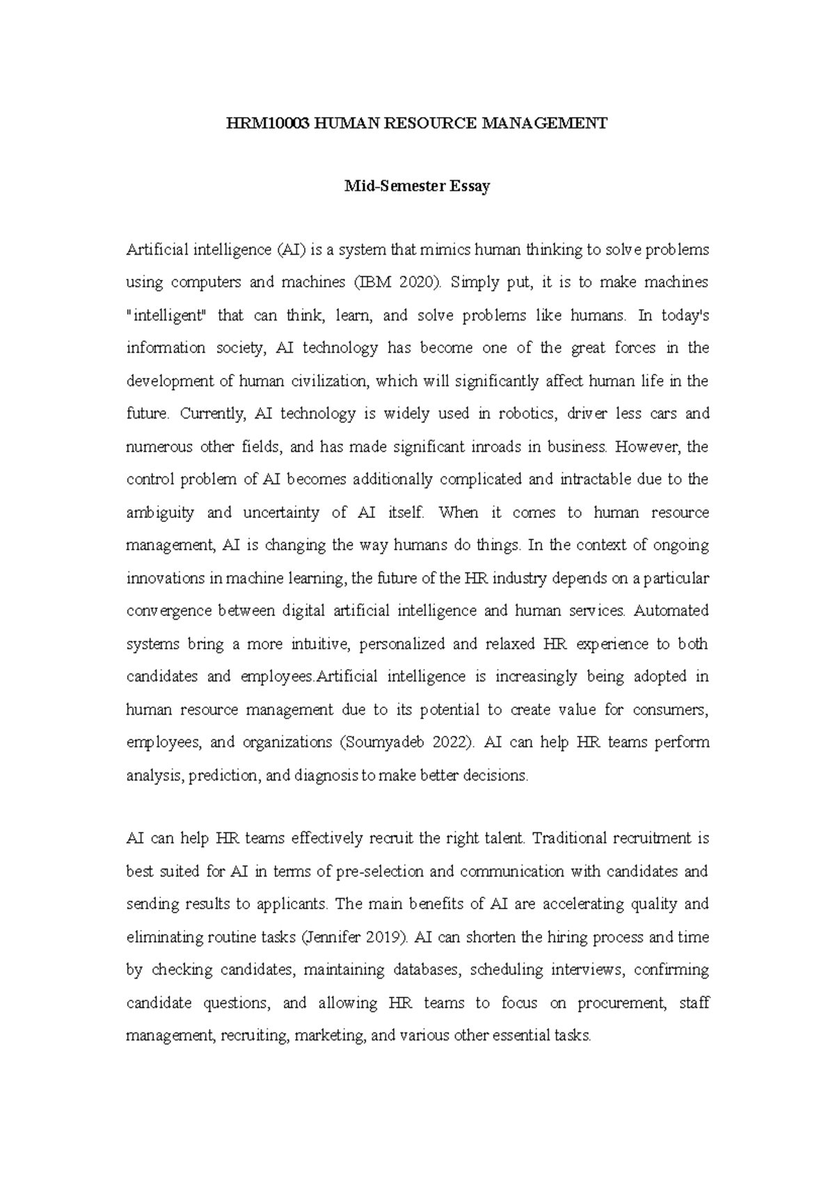 Mid-Semester Essay - Assignment 1 - HRM10003 HUMAN RESOURCE MANAGEMENT Mid-Semester Essay ...