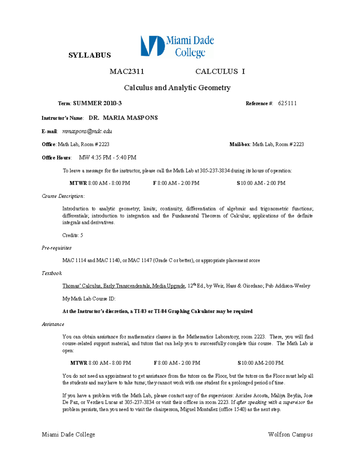 MAC2311 - Syllabus - - Studocu