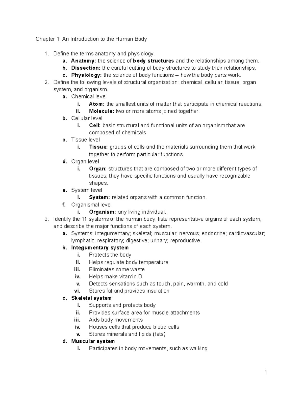 Chapter 1 - Chapter 1: An Introduction to the Human Body Define the ...