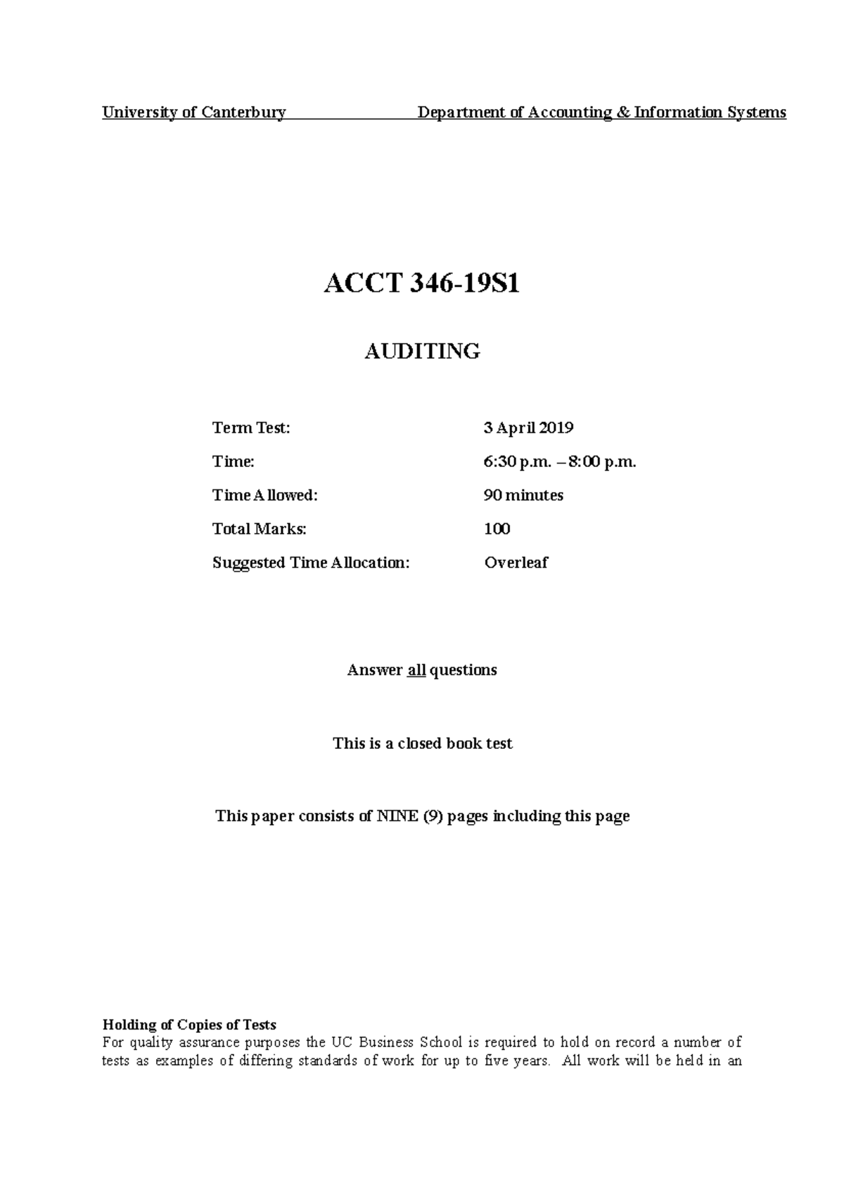 ACCT346-19S1 Test Final - University of Canterbury Department of ...
