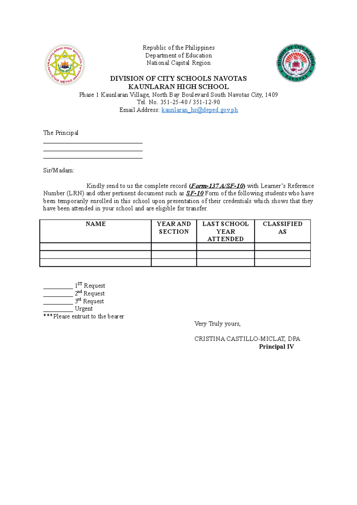Requestletterfortransferee - Republic of the Philippines Department of ...