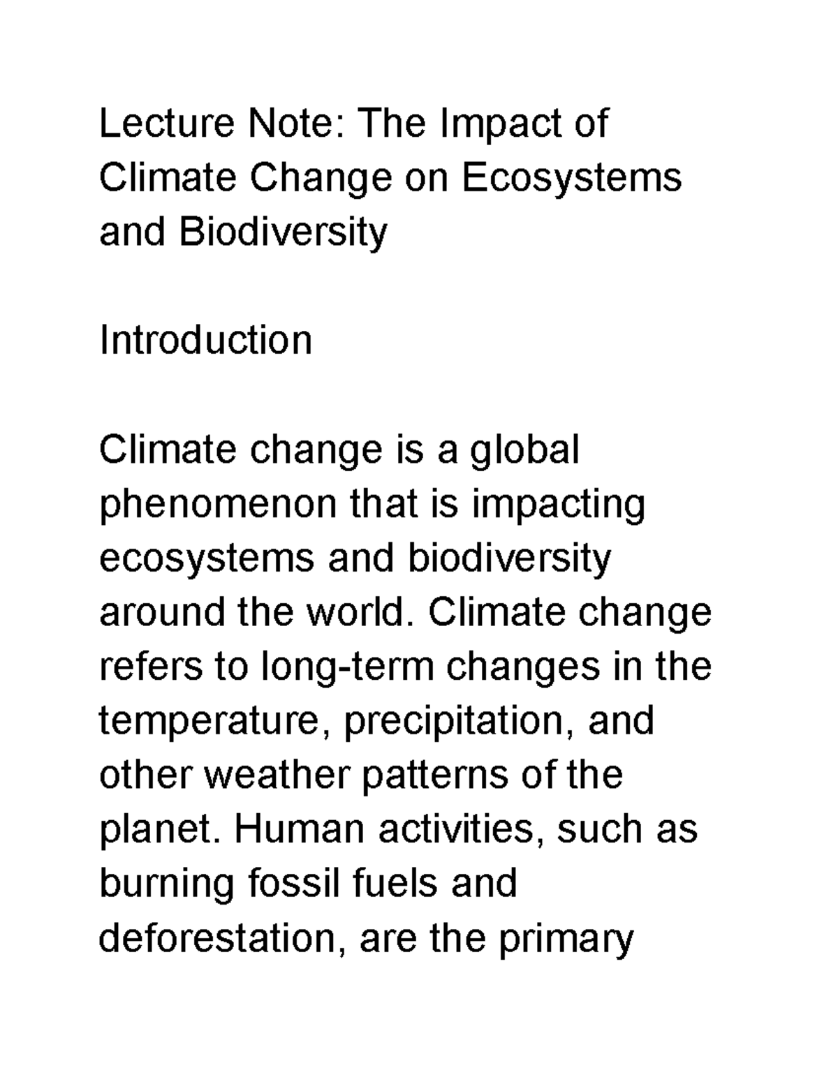 Lecture Note The Impact of Climate Change on Ecosystems and ...