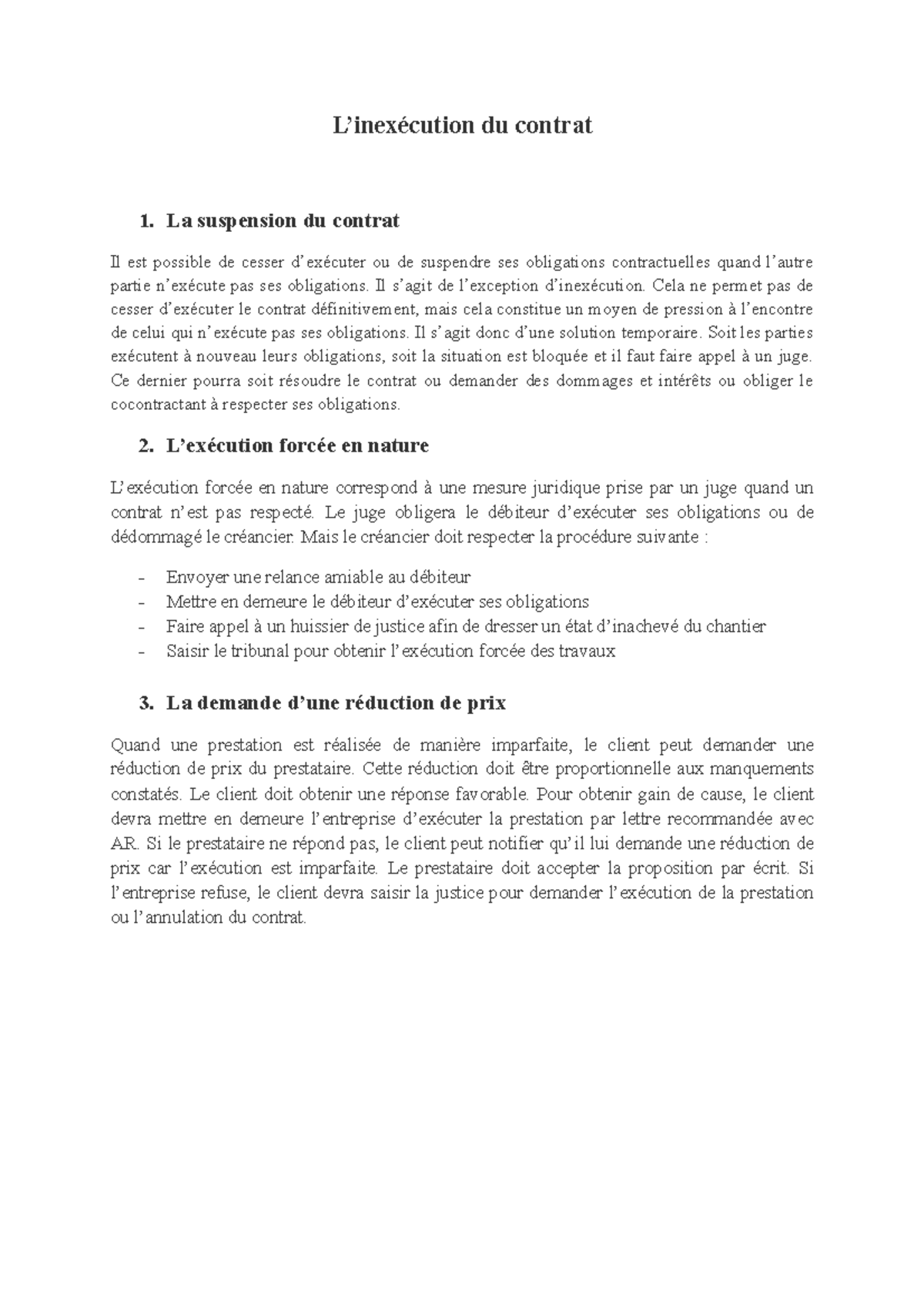Inexécution du contrat - L’inexécution du contrat 1. La suspension du ...