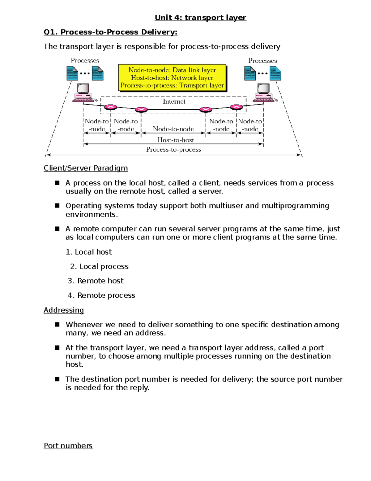 Unit 4-Transport Layer - Unit 4: transport layer Q1. Process-to-Process ...