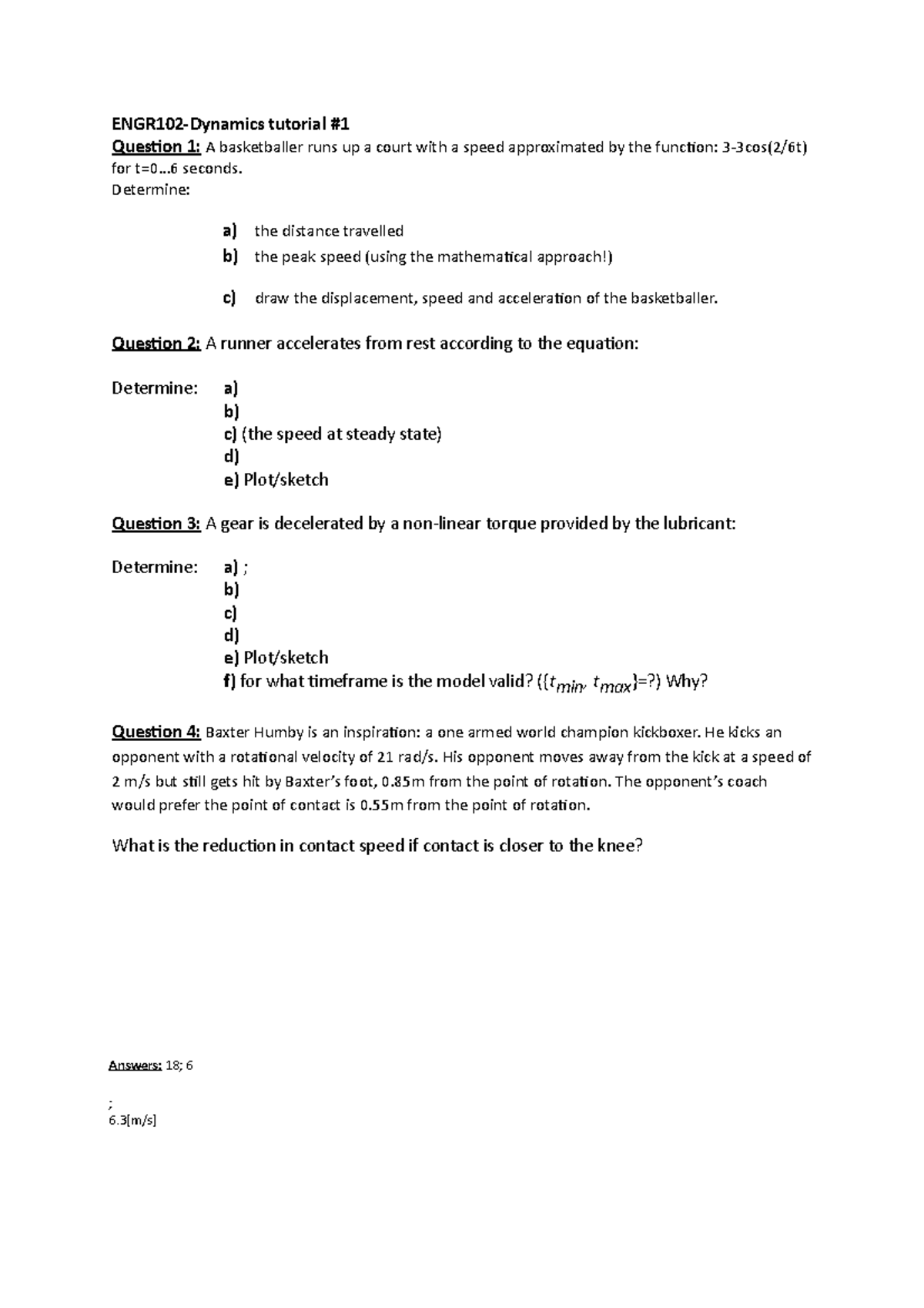 2022 Tut1 Ans Tutorial Answers Engr102 Dynamics Tutorial 1question 1 A Basketballer Runs