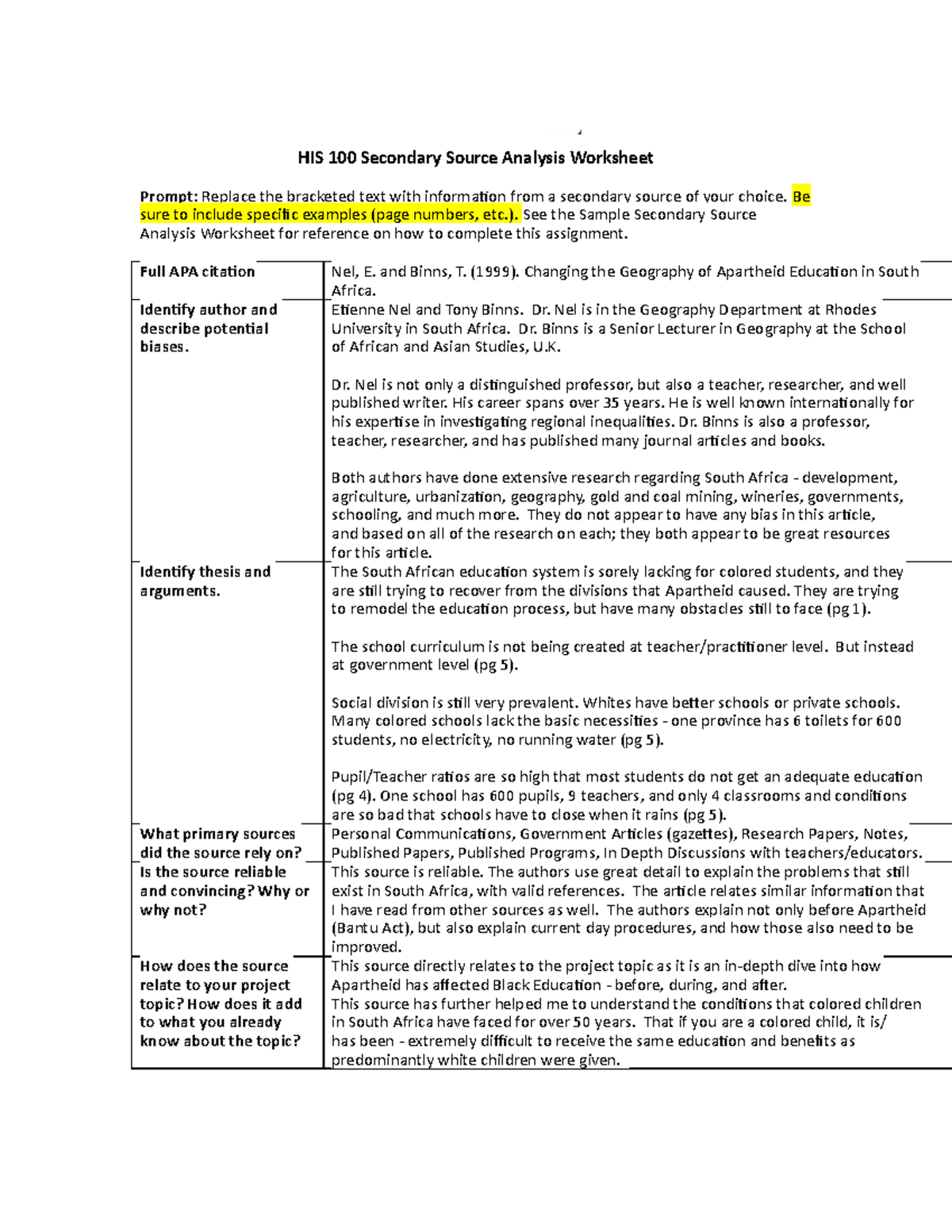 HIS 100 Secondary Source Analysis Worksheet - HIS 100 Secondary Source ...