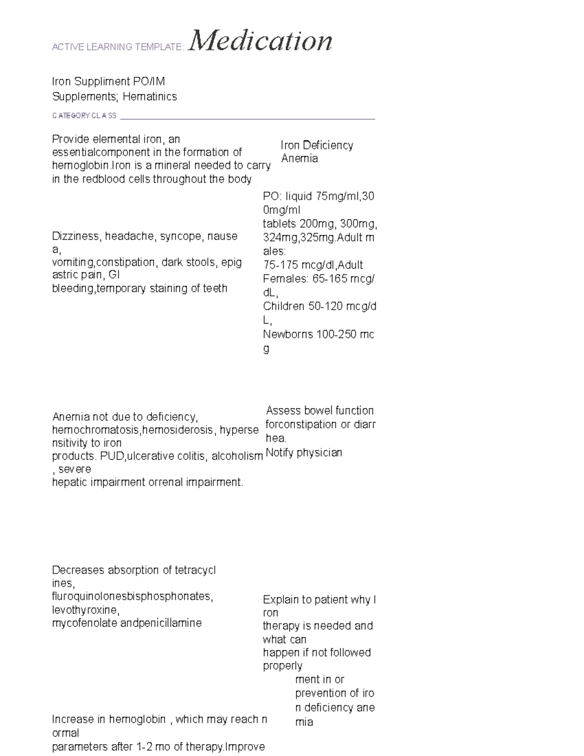 ATI Iron Suppliment Medication Sheet - ACTIVE LEARNING TEMPLATE ...