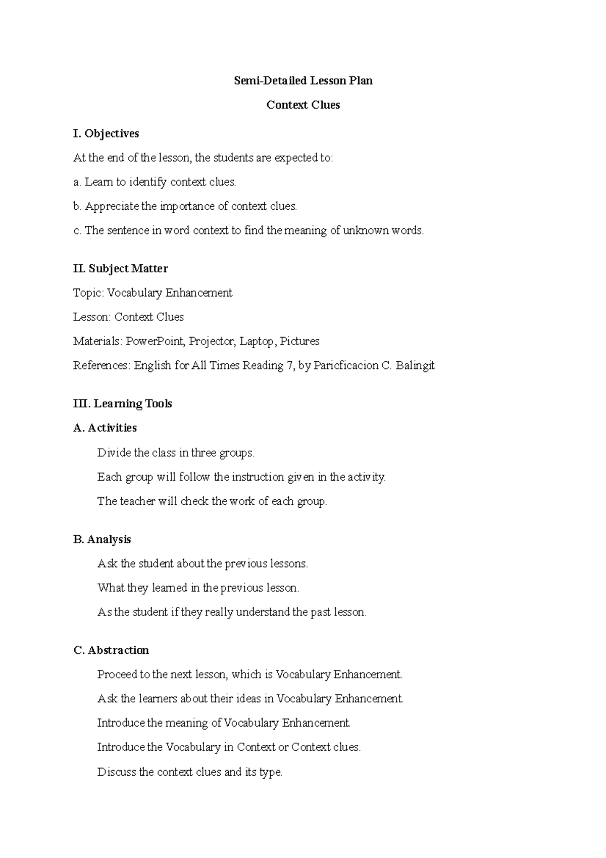 Context Clues Semi-detailed Lesson Plan - Semi-Detailed Lesson Plan ...