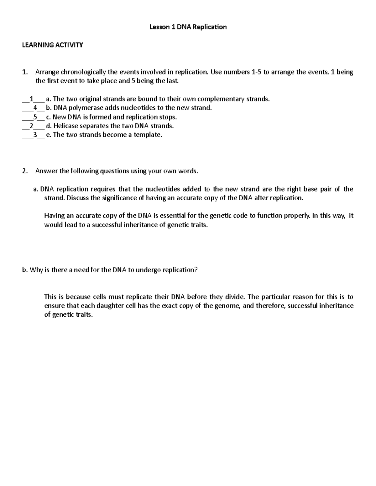 Activity 1 DNA Replication - Lesson 1 DNA Replication LEARNING ACTIVITY ...