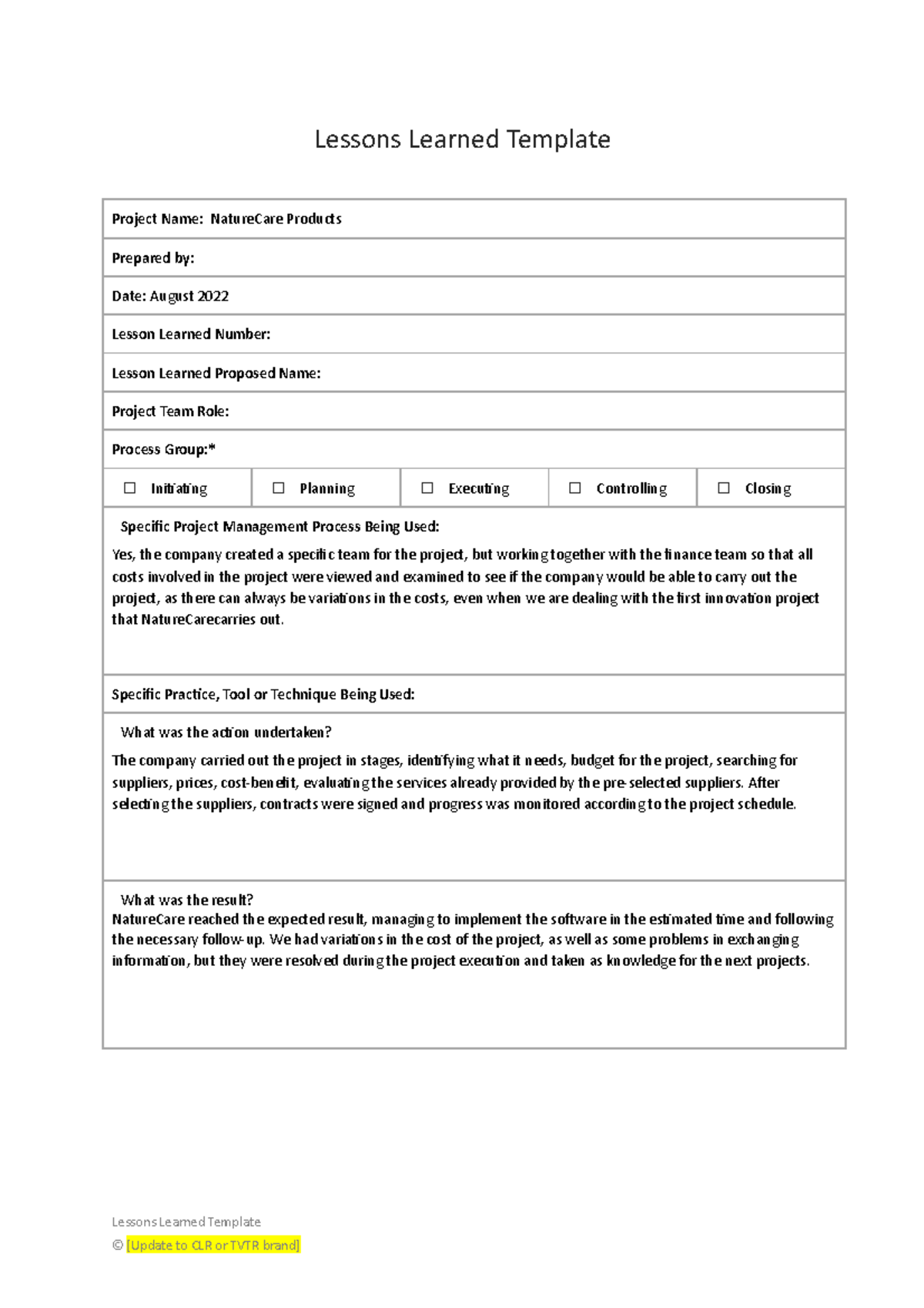 Lessons Learned Template v1 - Lessons Learned Template Project Name ...