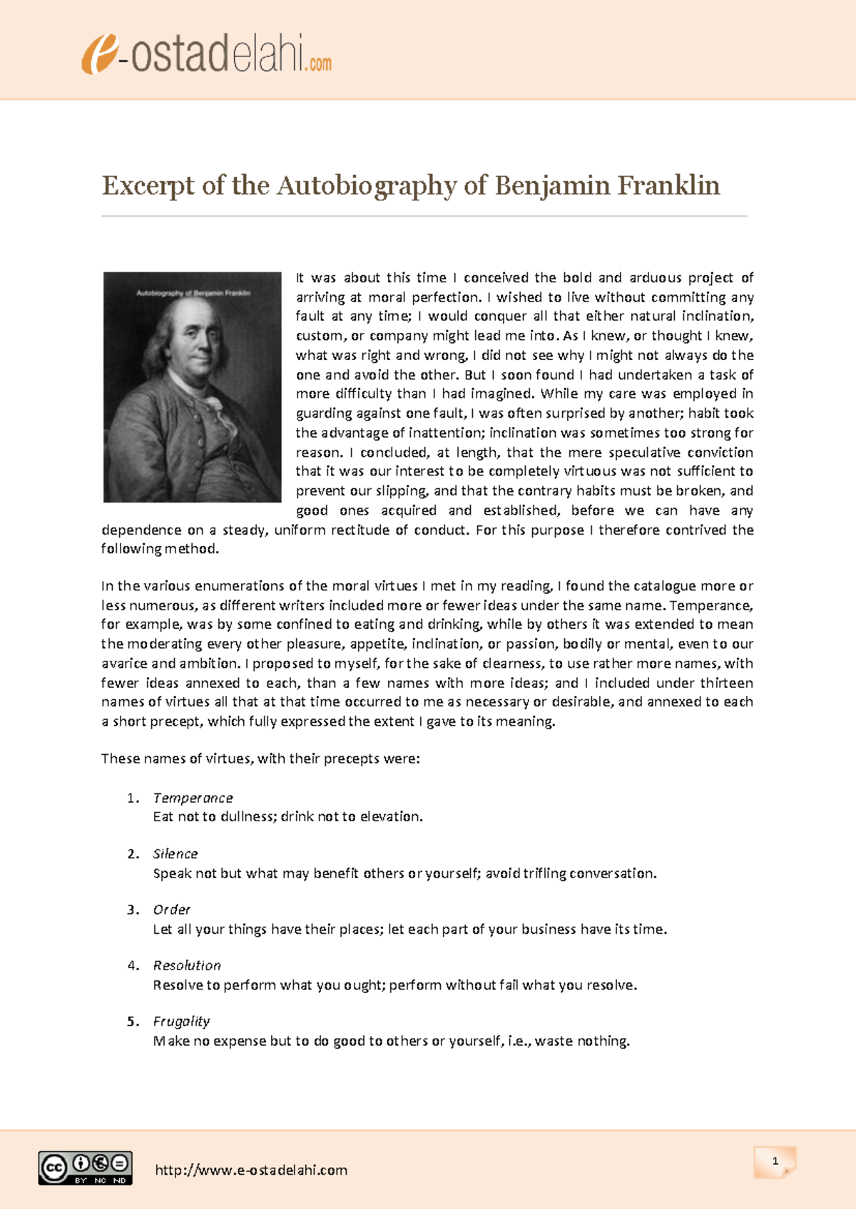 Benjamin franklin - extra readings - 1 Excerpt of the Autobiography of ...