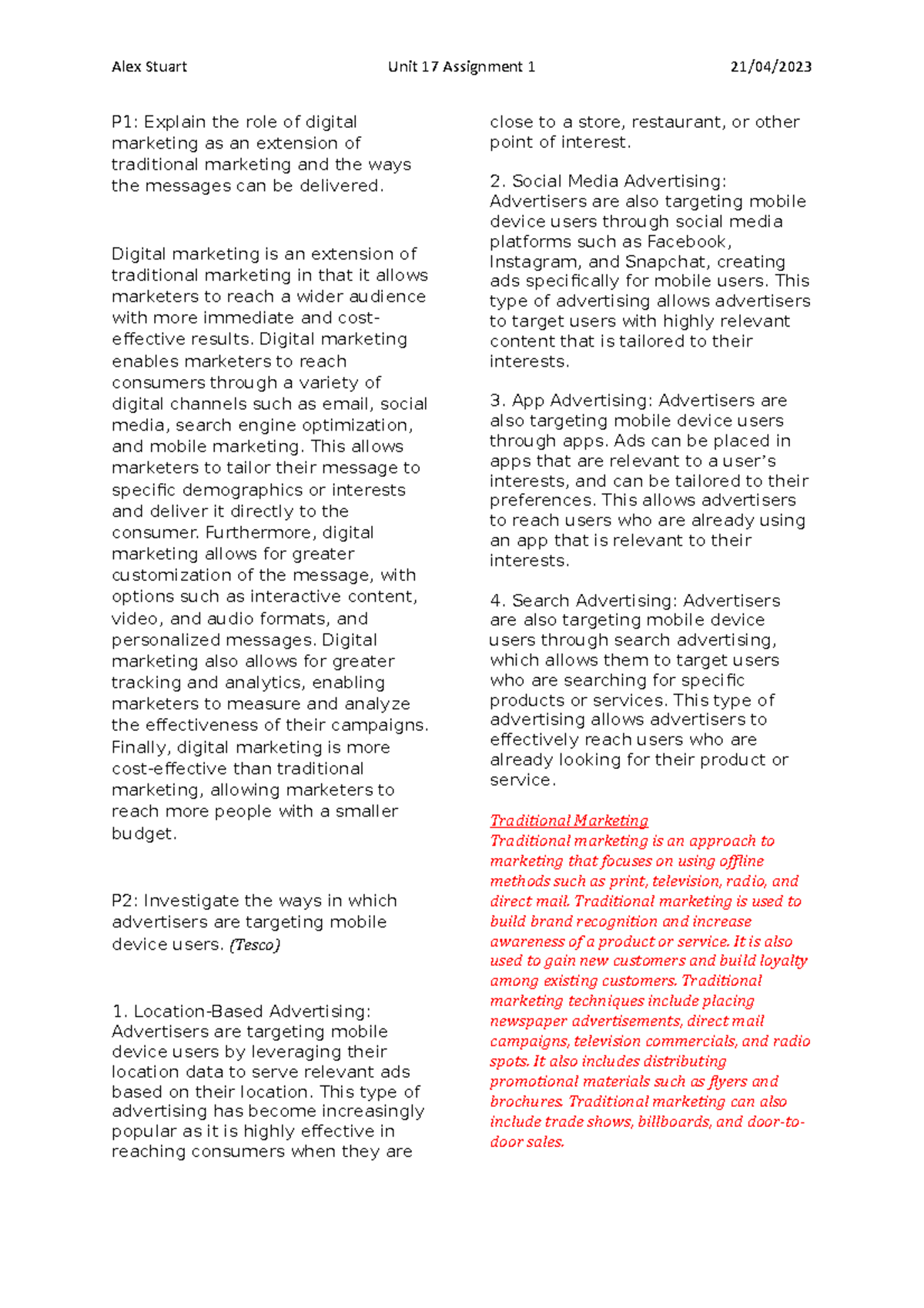 Unit 17 assignment 1.0 Final - P1: Explain the role of digital marketing as an extension of ...