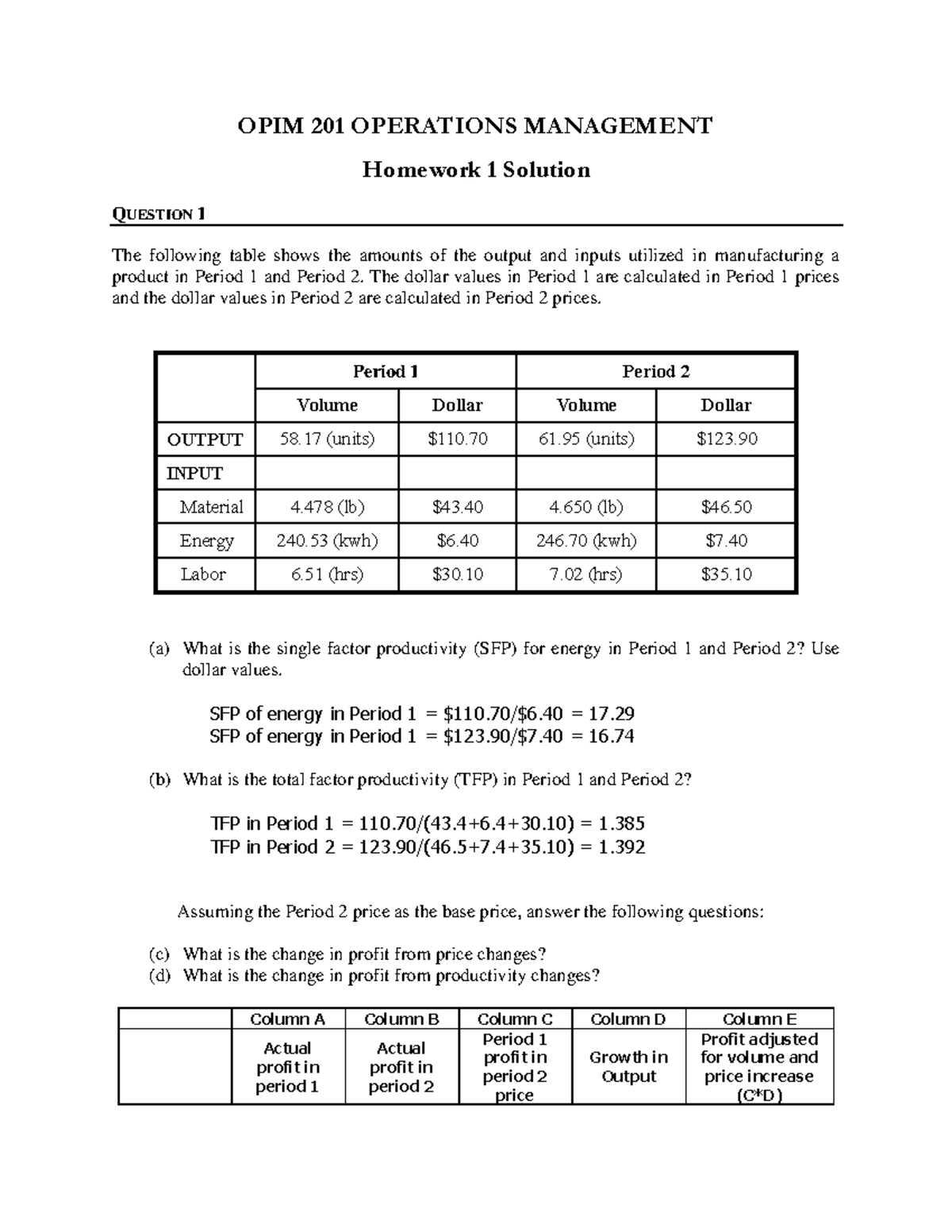 Homework 1 Solution - HW - OPIM 201 OPERATIONS MANAGEMENT Homework 1 ...