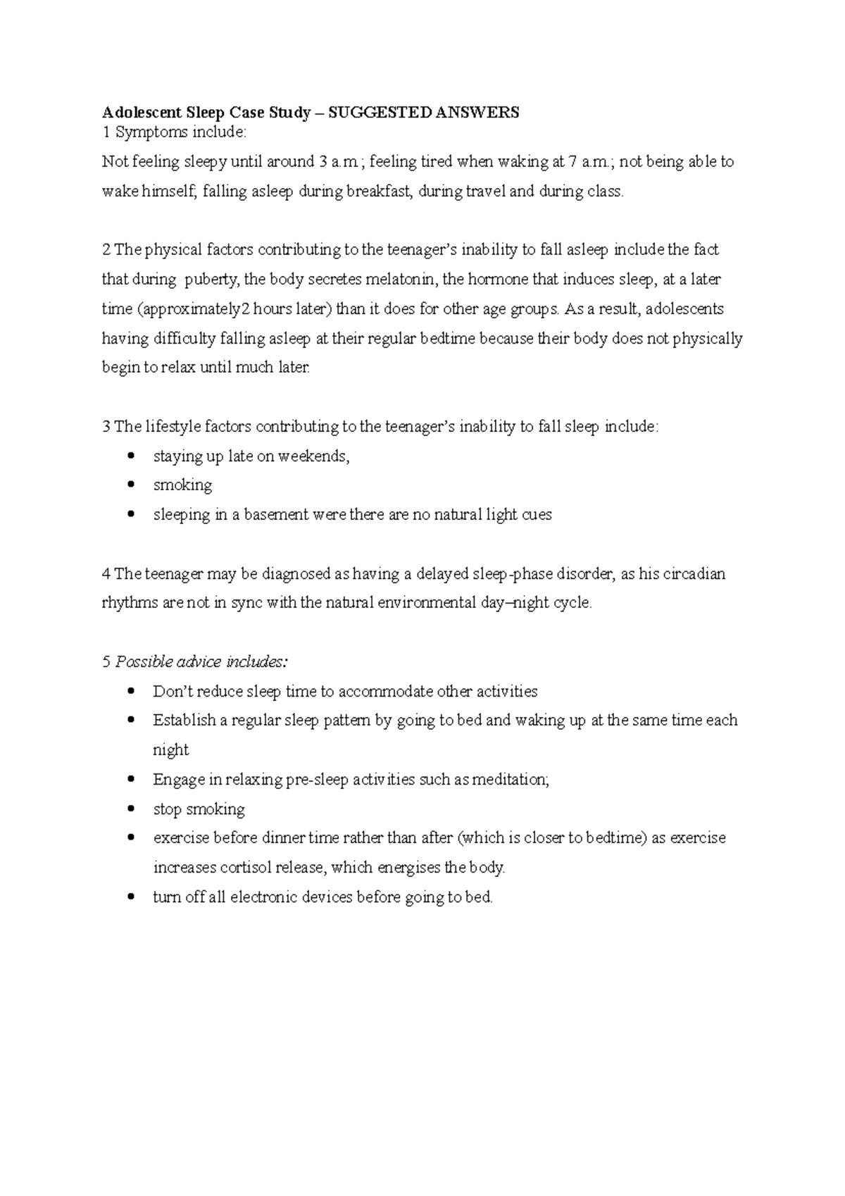 Adolescent Sleep Case Study Answers - Adolescent Sleep Case Study ...