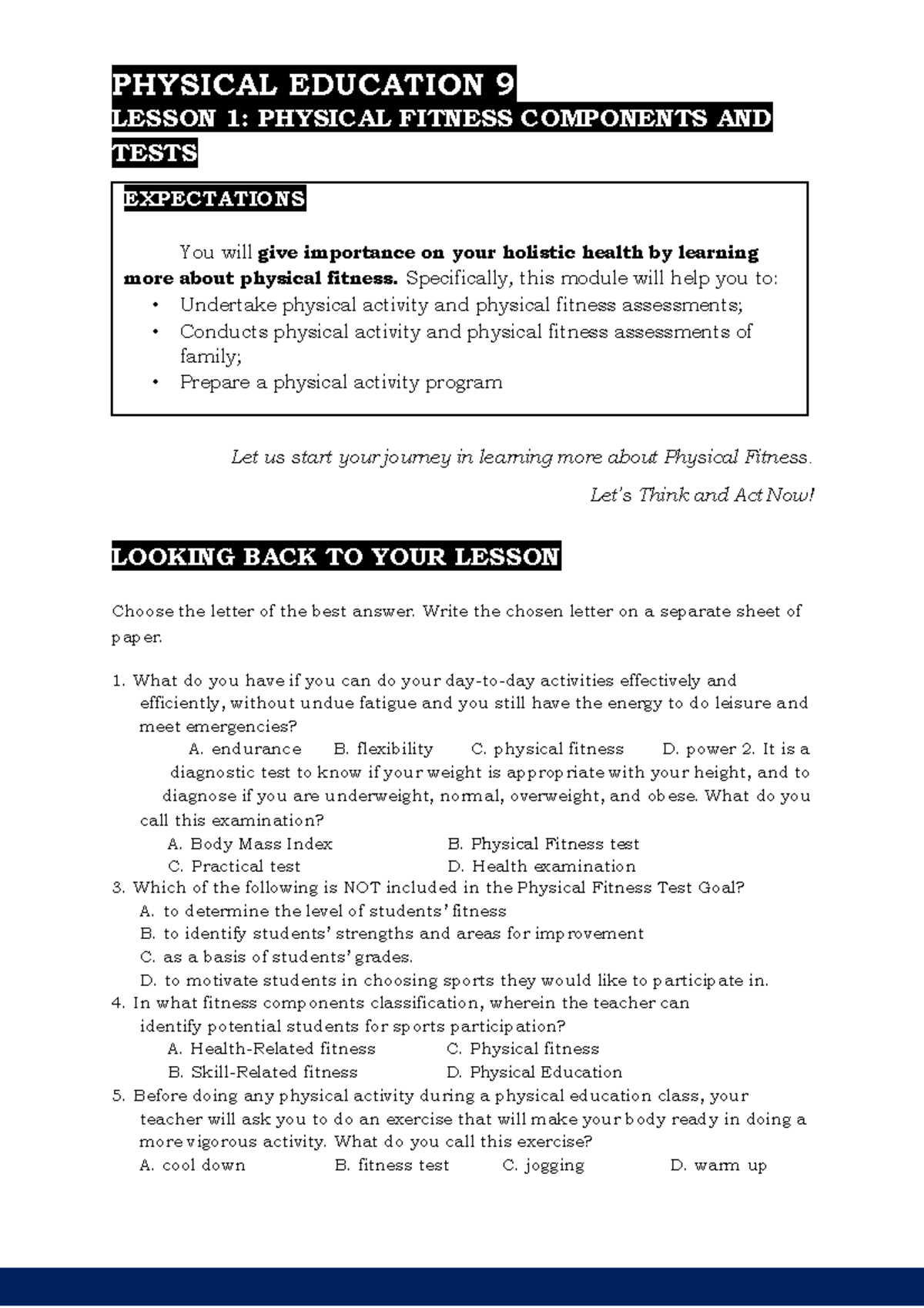 Physical- Education-9 - PHYSICAL EDUCATION 9 LESSON 1: PHYSICAL FITNESS ...