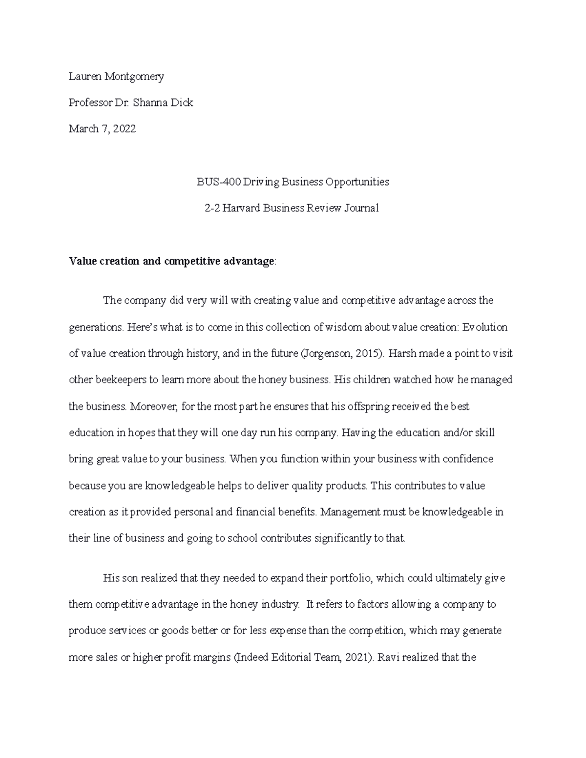 2-2 Harvard Business Review Journal - Lauren Montgomery Professor Dr ...