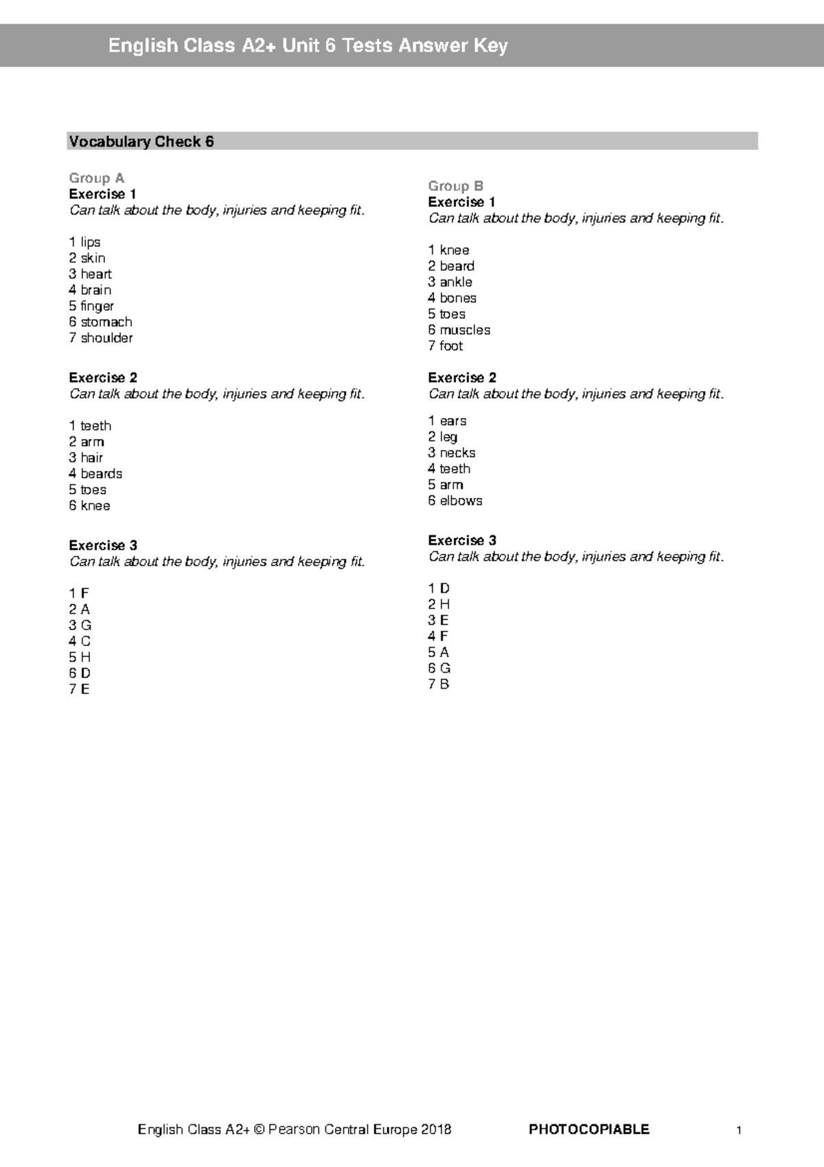 ECA2+ Tests Unit 6 key 2018 - Vocabulary Check 6 Group A Exercise 1 Can ...