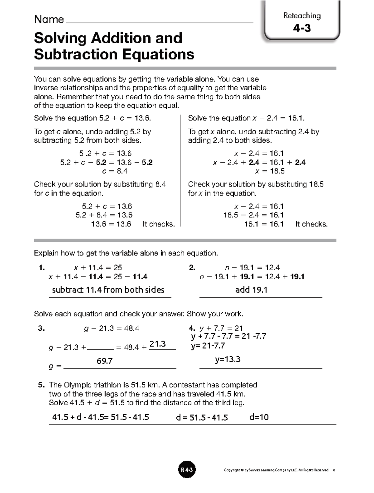 Math Reteaching 4-3 - Lecture notes 3 - Name Copyright © by Savvas ...