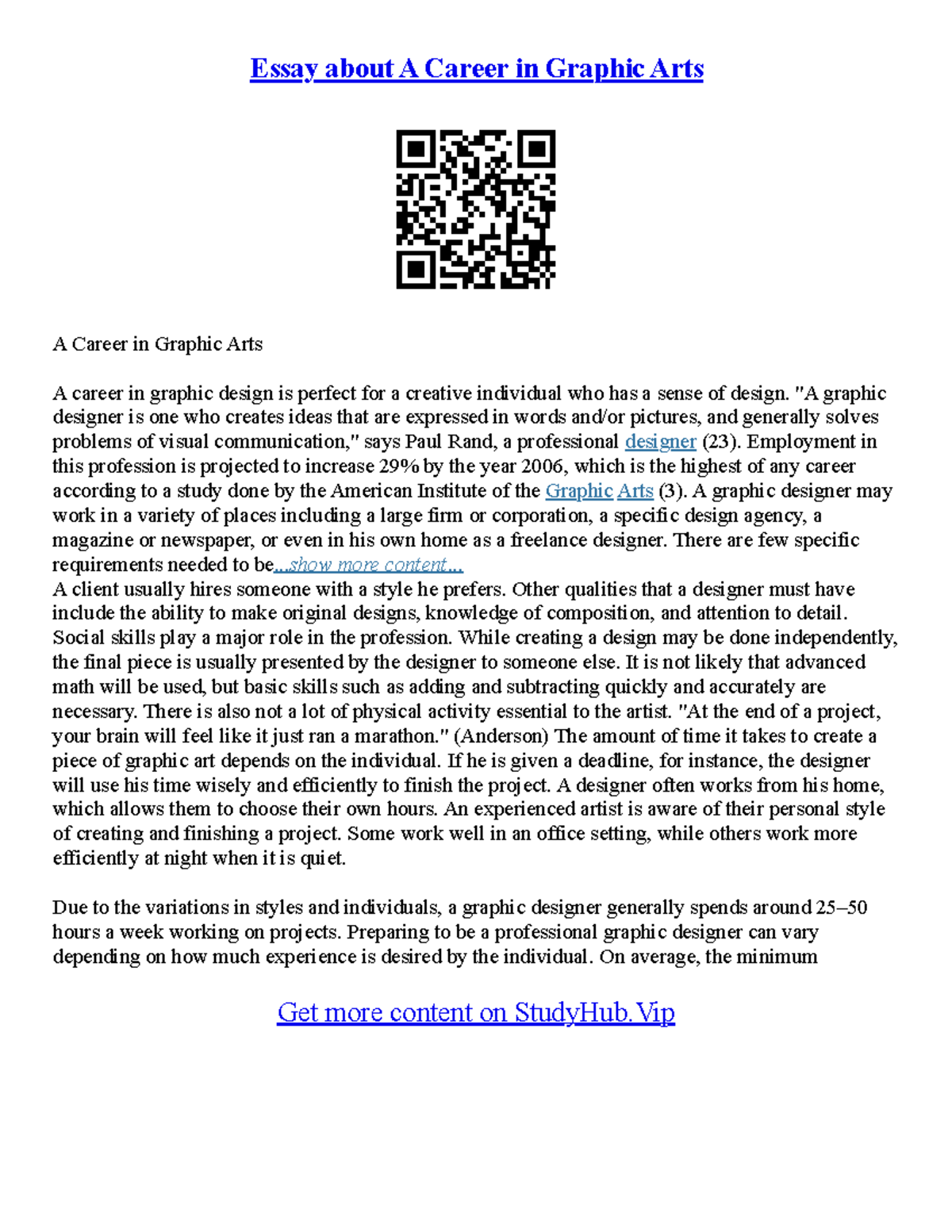 Graphic Essay Graphic Essay - Essay about A Career in Graphic Arts A ...