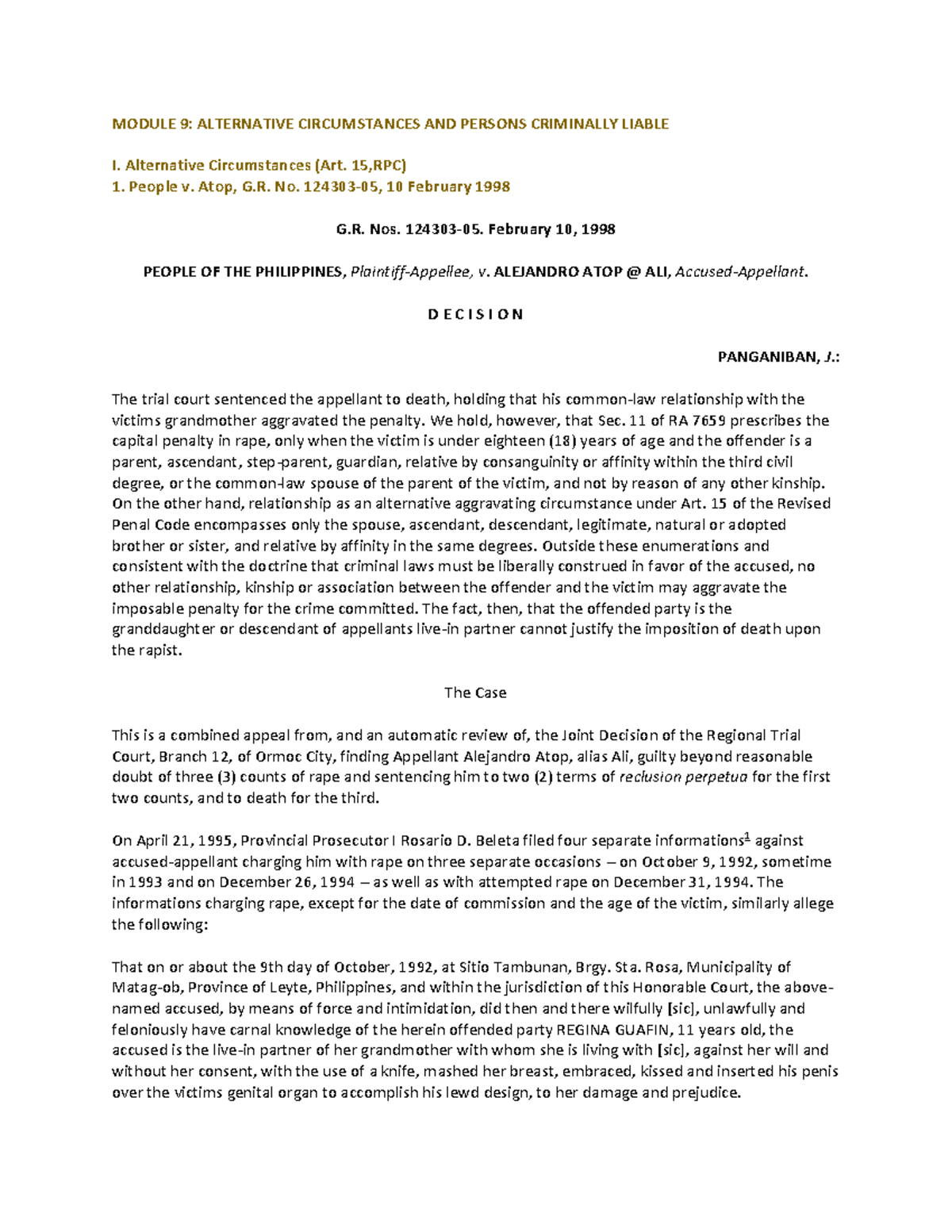 Crim Module 9 Cases - Lecture notes 1 - MODULE 9: ALTERNATIVE ...