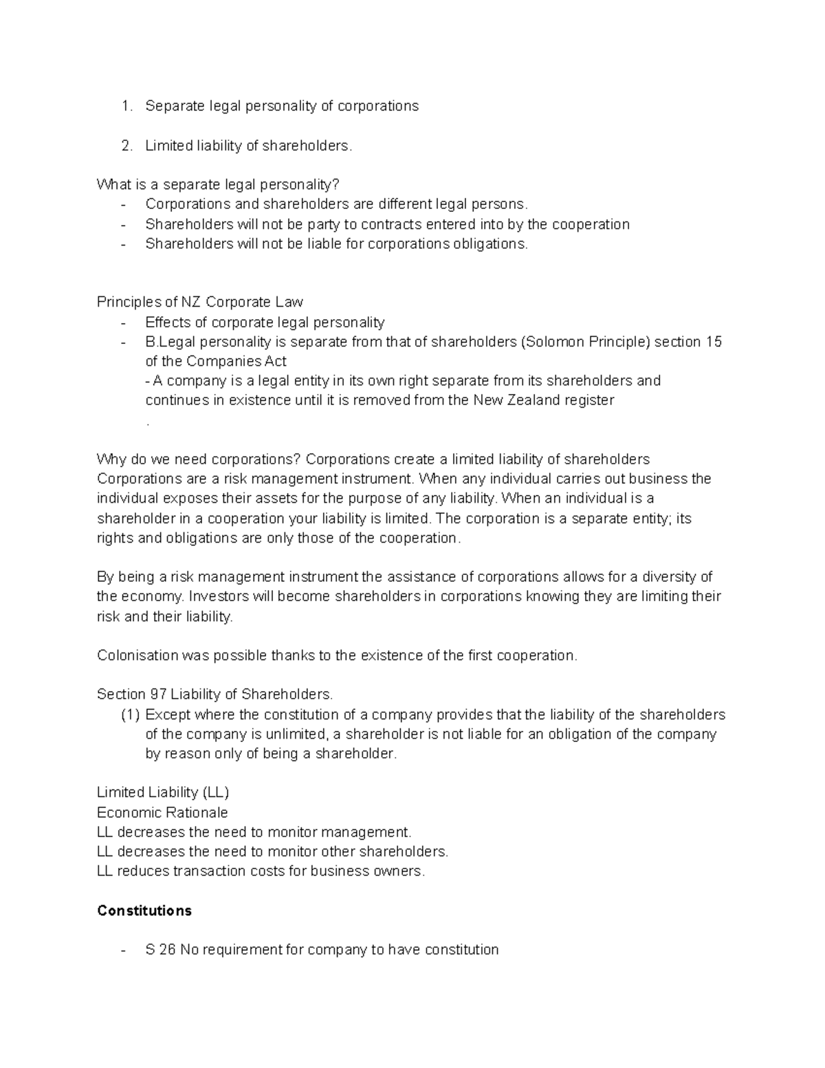 Legal 304 lecture notes - Separate legal personality of corporations ...