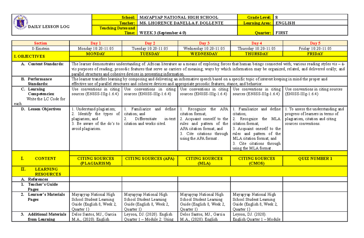 WEEK 2 - English materials - DAILY LESSON LOG School: MAYAPYAP NATIONAL ...