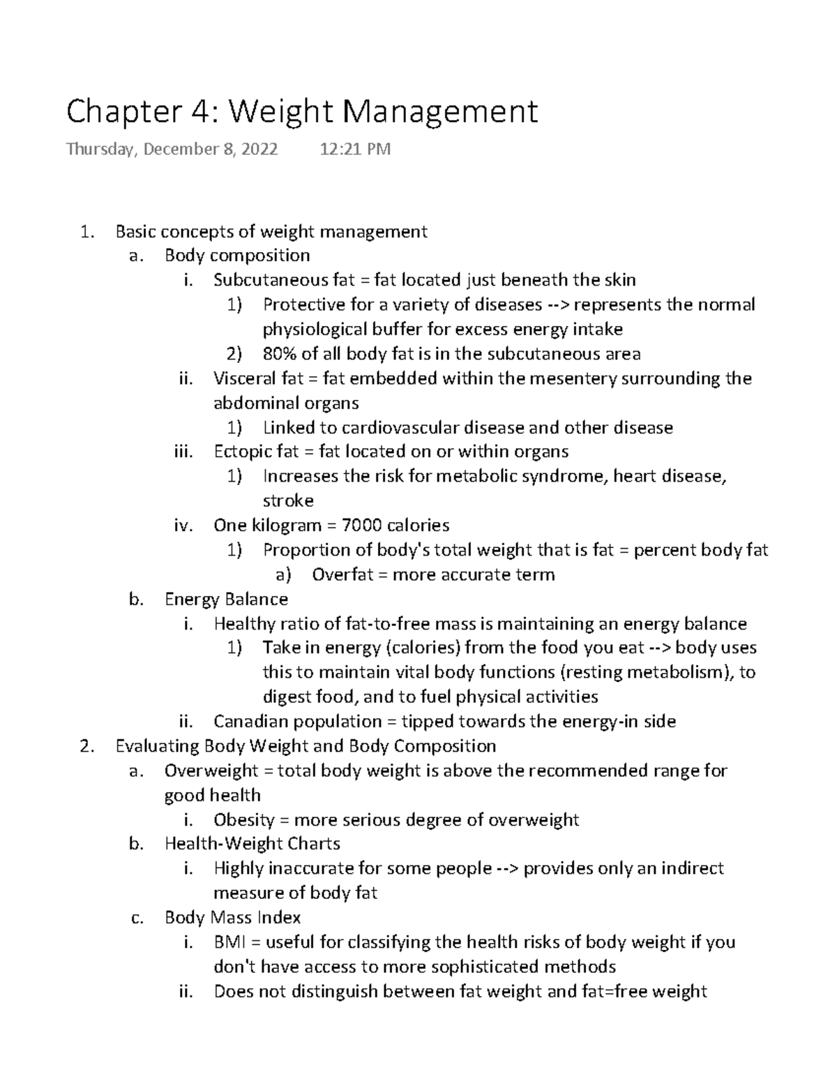 Chapter 4 Weight Management - Basic concepts of weight management Body ...
