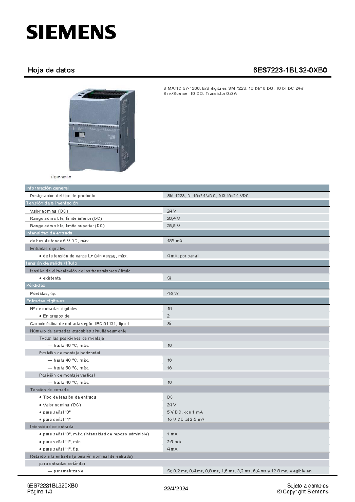 6ES72231 BL320XB0 datasheet es - Hoja de datos 6ES7223-1BL32-0XB ...