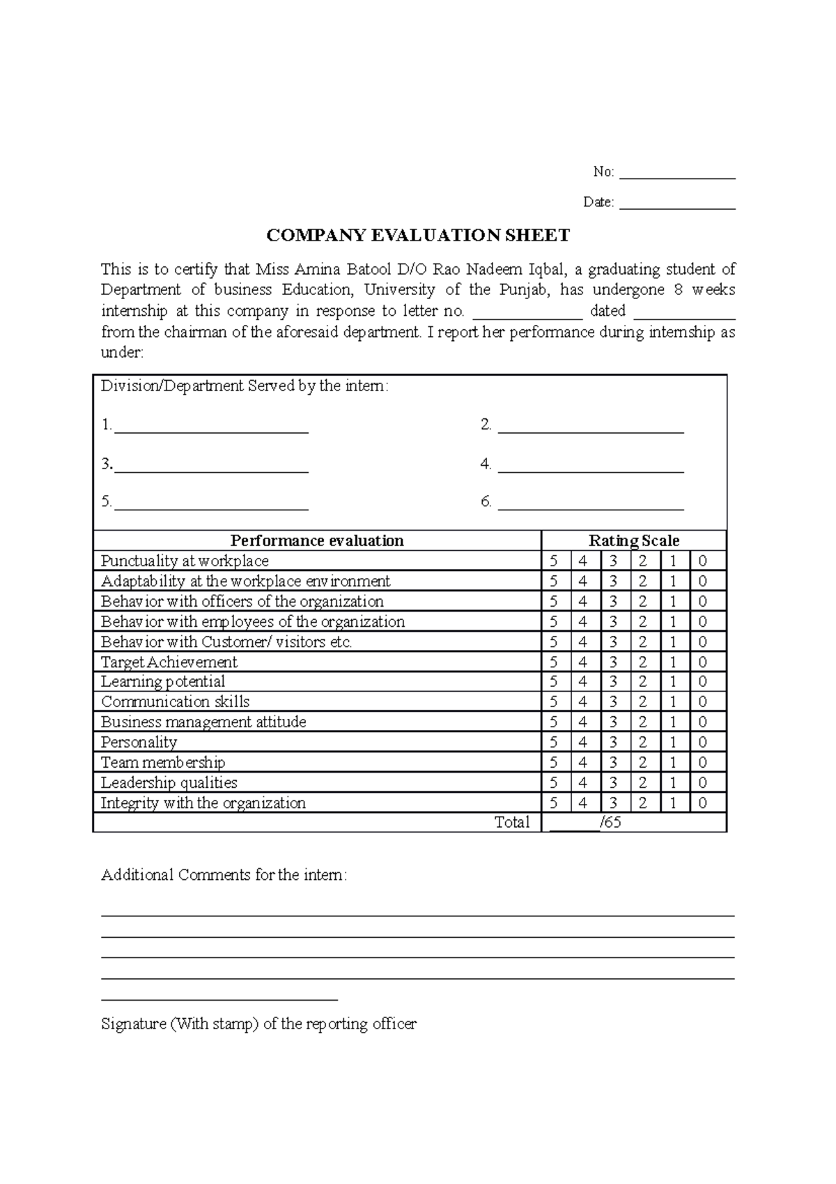 Company Evaluation Sheet - No: _______________ Date ...