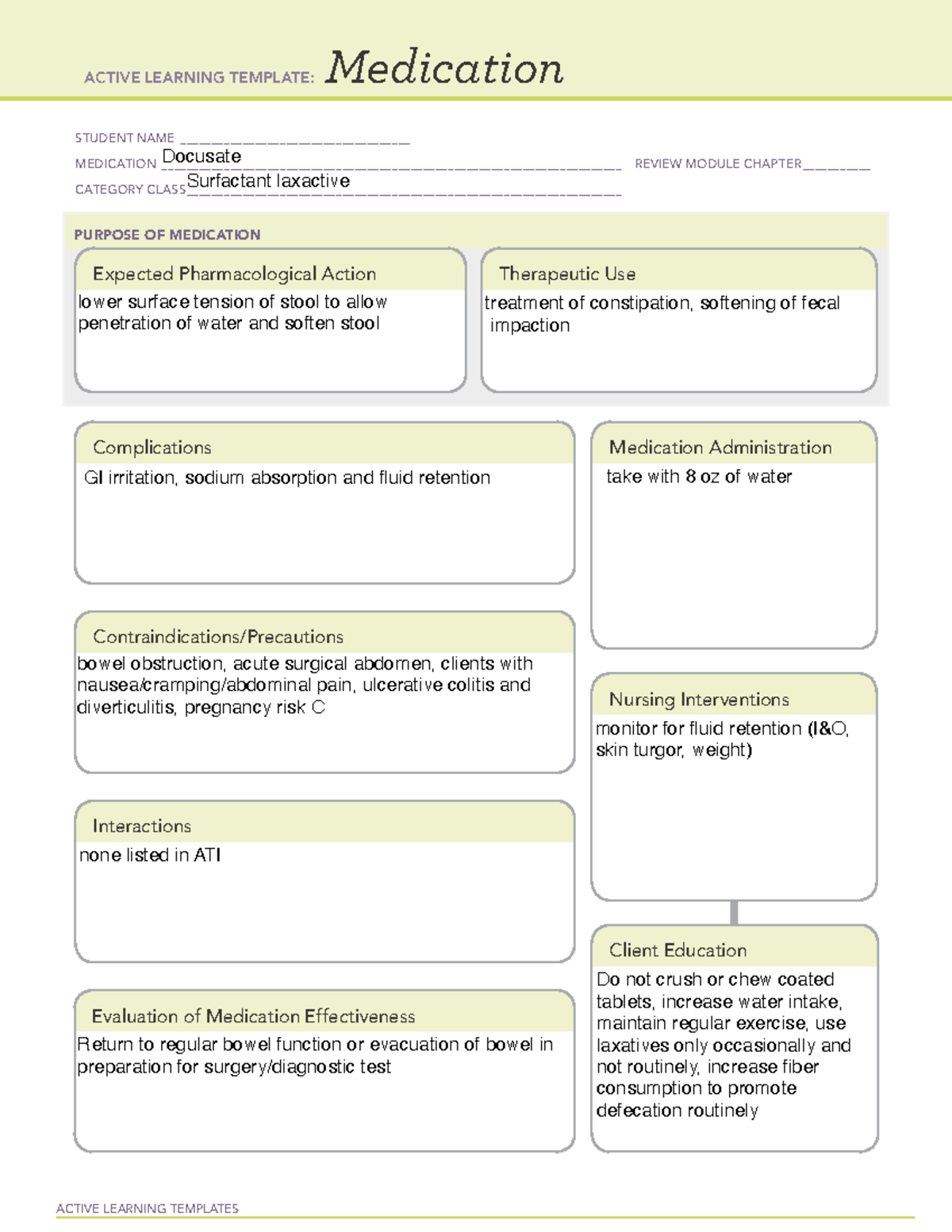 ALT docusate - ACTIVE LEARNING TEMPLATES Medication STUDENT NAME - Studocu