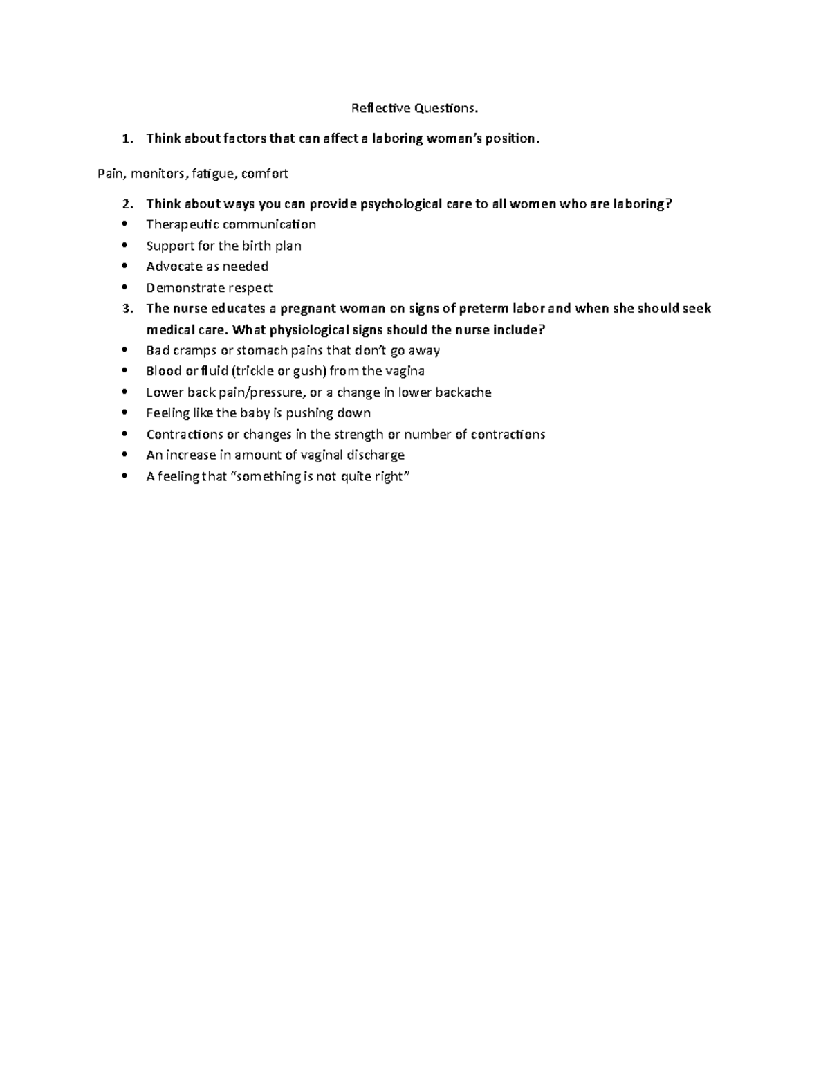Labor Reflective Questions - Reflective Questions. 1. Think about ...