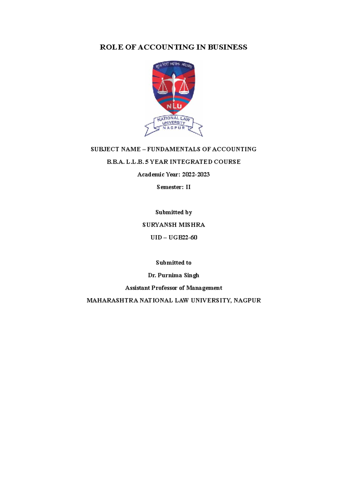 Accounts - ROLE OF ACCOUNTING IN BUSINESS SUBJECT NAME – FUNDAMENTALS ...