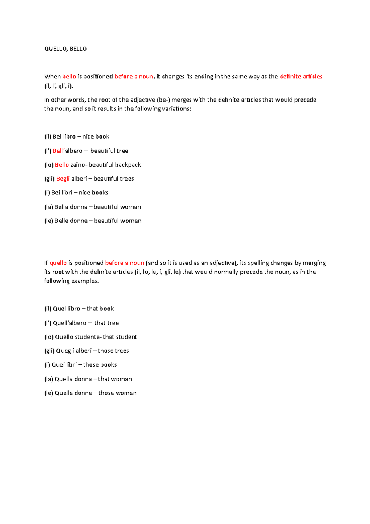 this and that grammar exercises English - QUELLO, BELLO When bello is ...