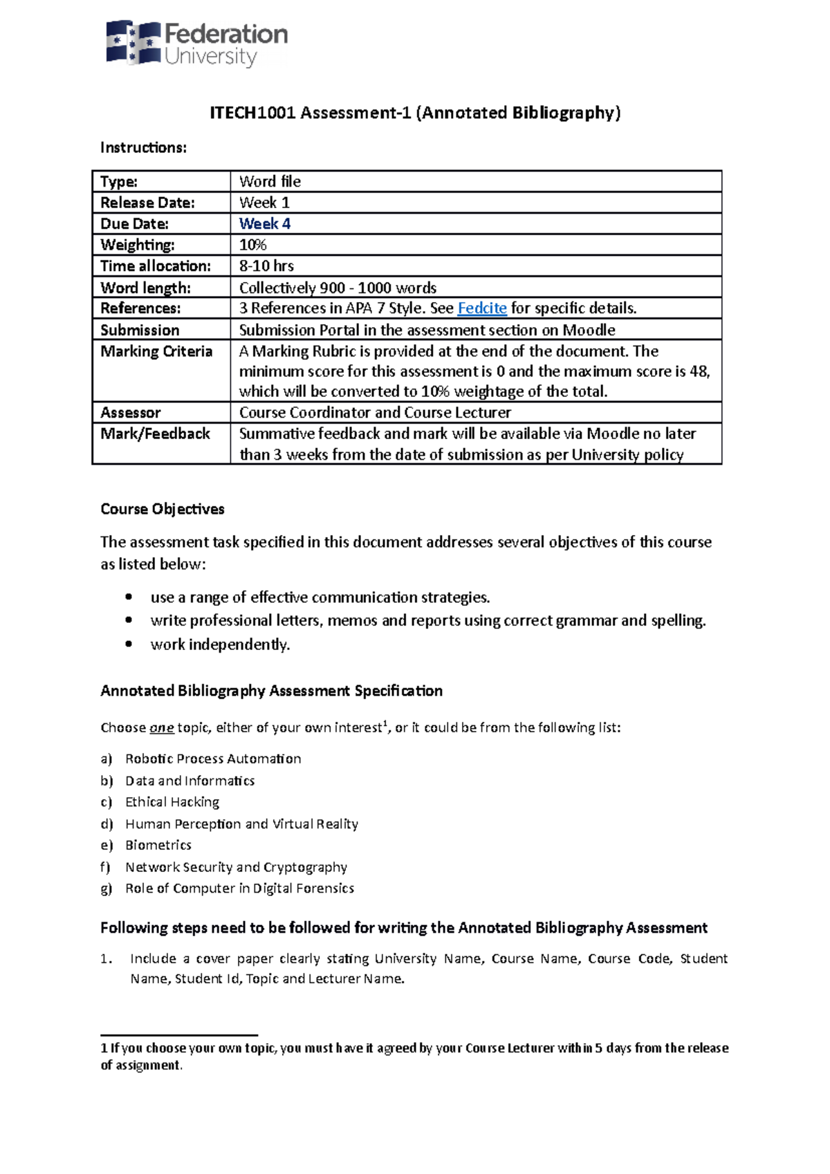 Itech 1001 Assessment 1 and Marking Rubric - ITECH1001 Assessment-1 (Annotated Bibliography ...