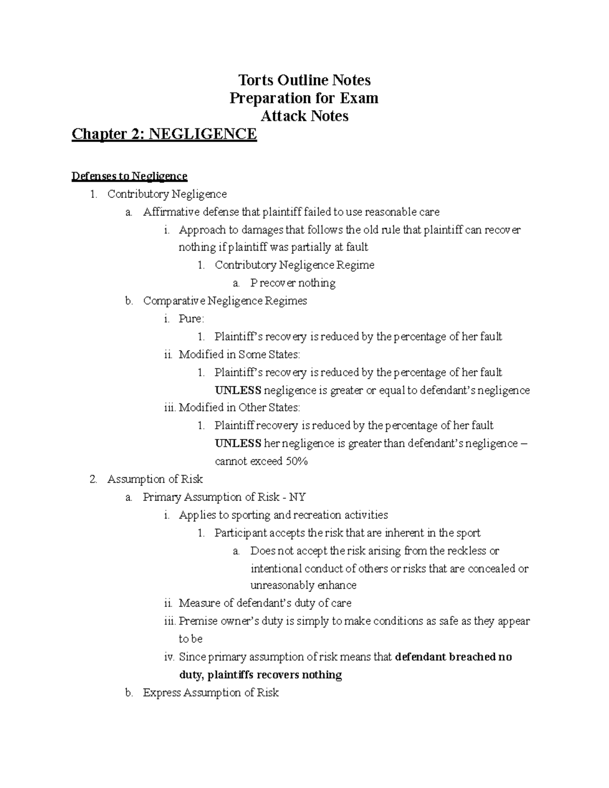 Defenses to Negligence - Torts Outline Notes Preparation for Exam ...