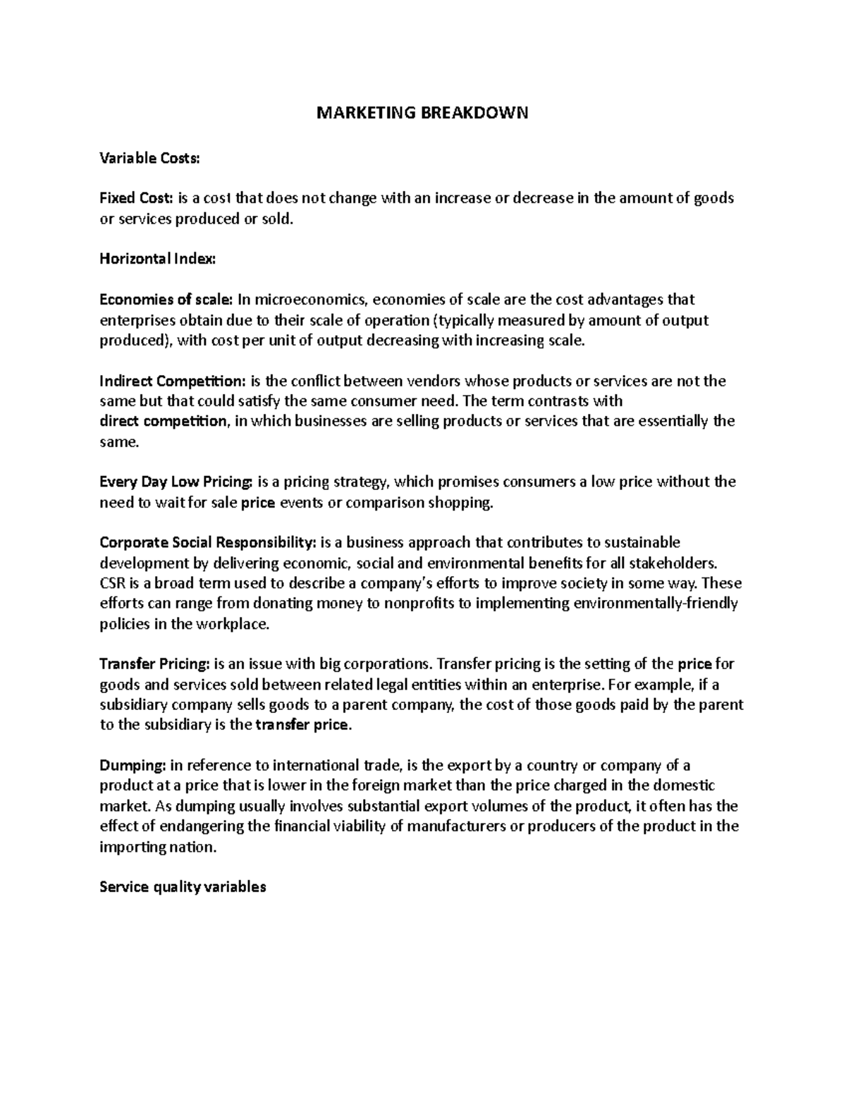Marketing Breakdown MARKETING BREAKDOWN Variable Costs Fixed Cost