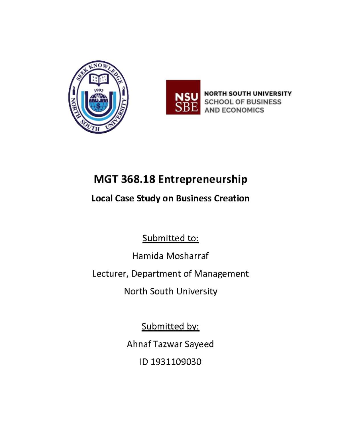 Local case study rakumenbd-converted - MGT 368 Entrepreneurship Local Case Study on Business ...