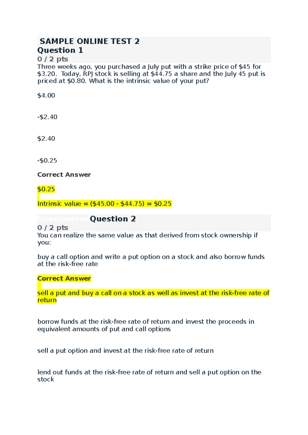 Sample Online TEST 2 - SAMPLE ONLINE TEST 2 Question 1 0 / 2 pts Three ...