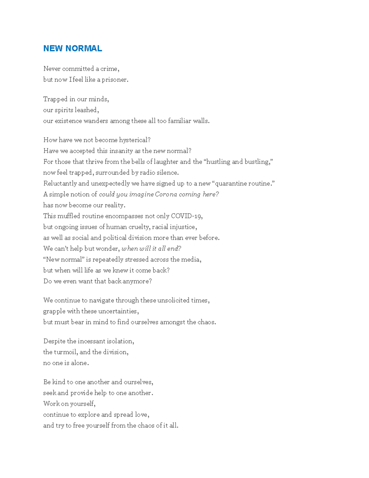 Spoken poetry - Lecture notes 123 - NEW NORMAL Never committed a crime ...