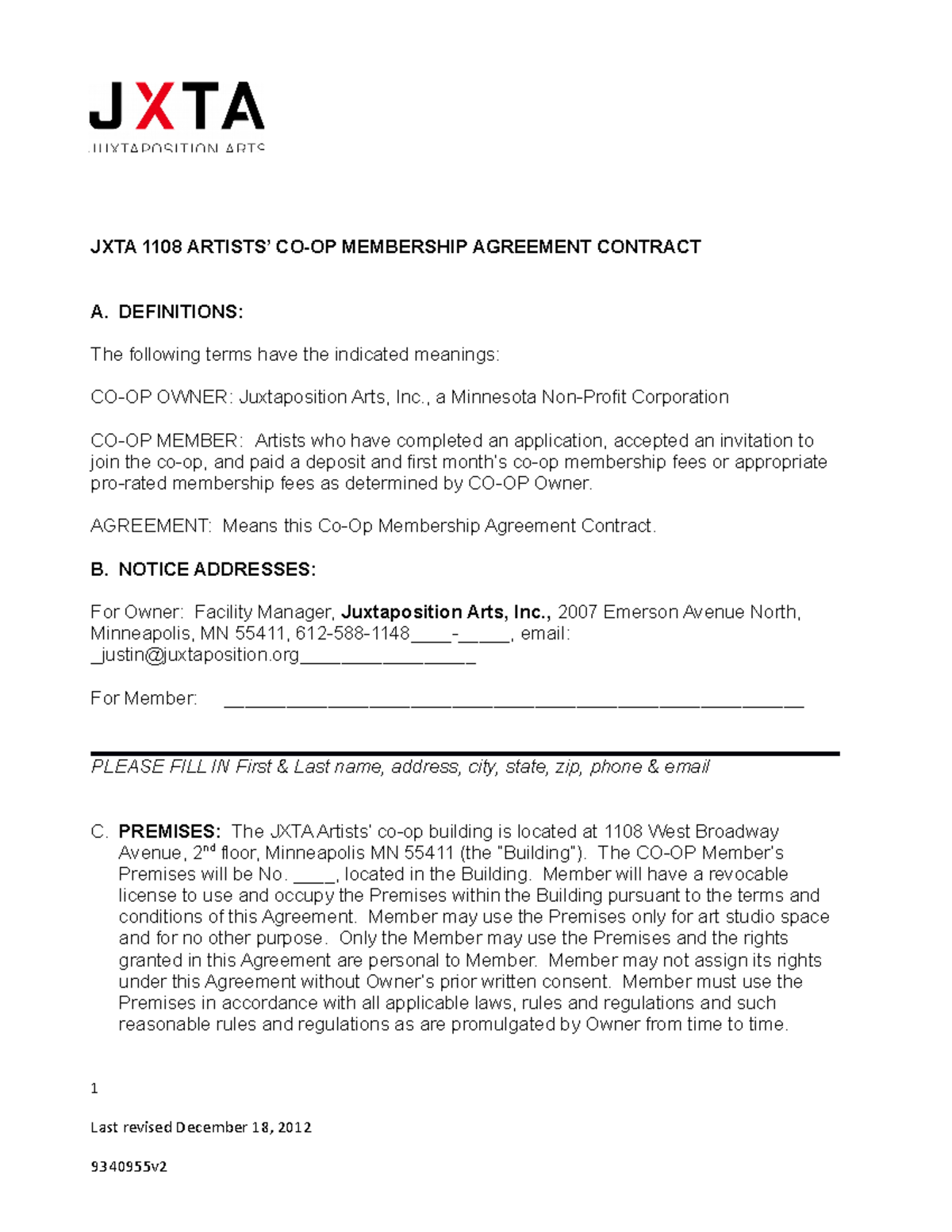 3 - Cooperative - JXTA 1108 ARTISTS’ CO-OP MEMBERSHIP AGREEMENT ...