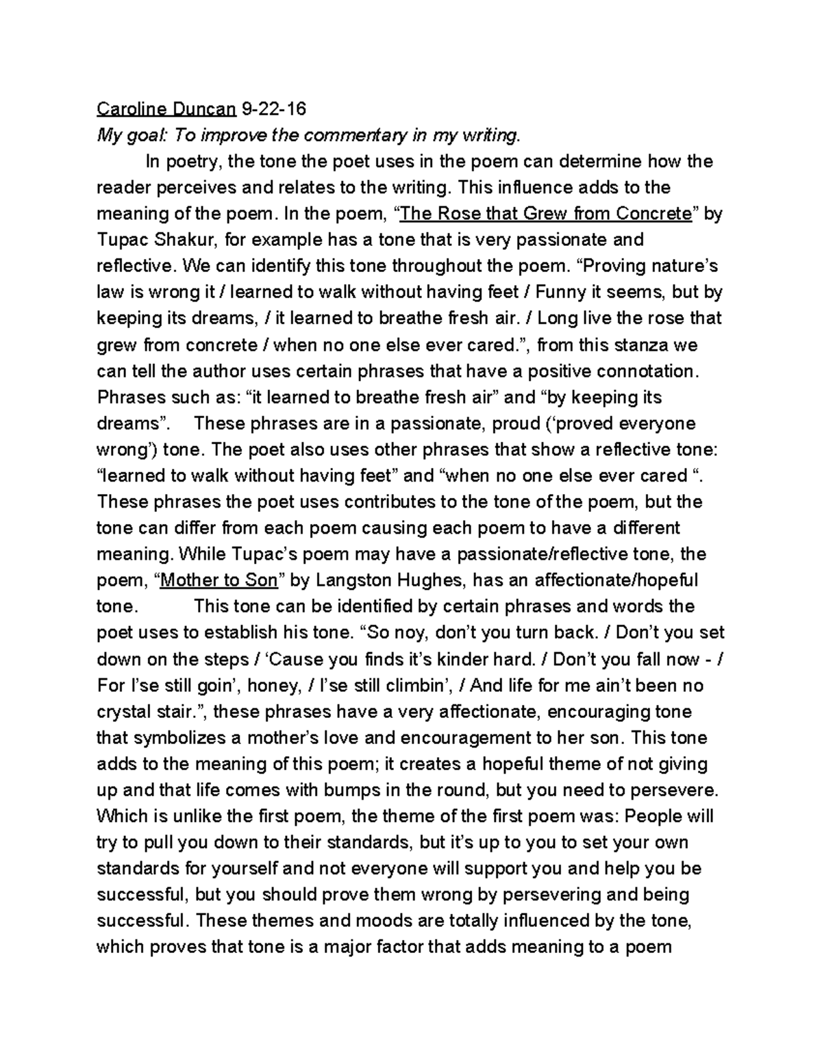 Language arts essay - Grade: A+ - Caroline Duncan 9-22- My goal: To ...