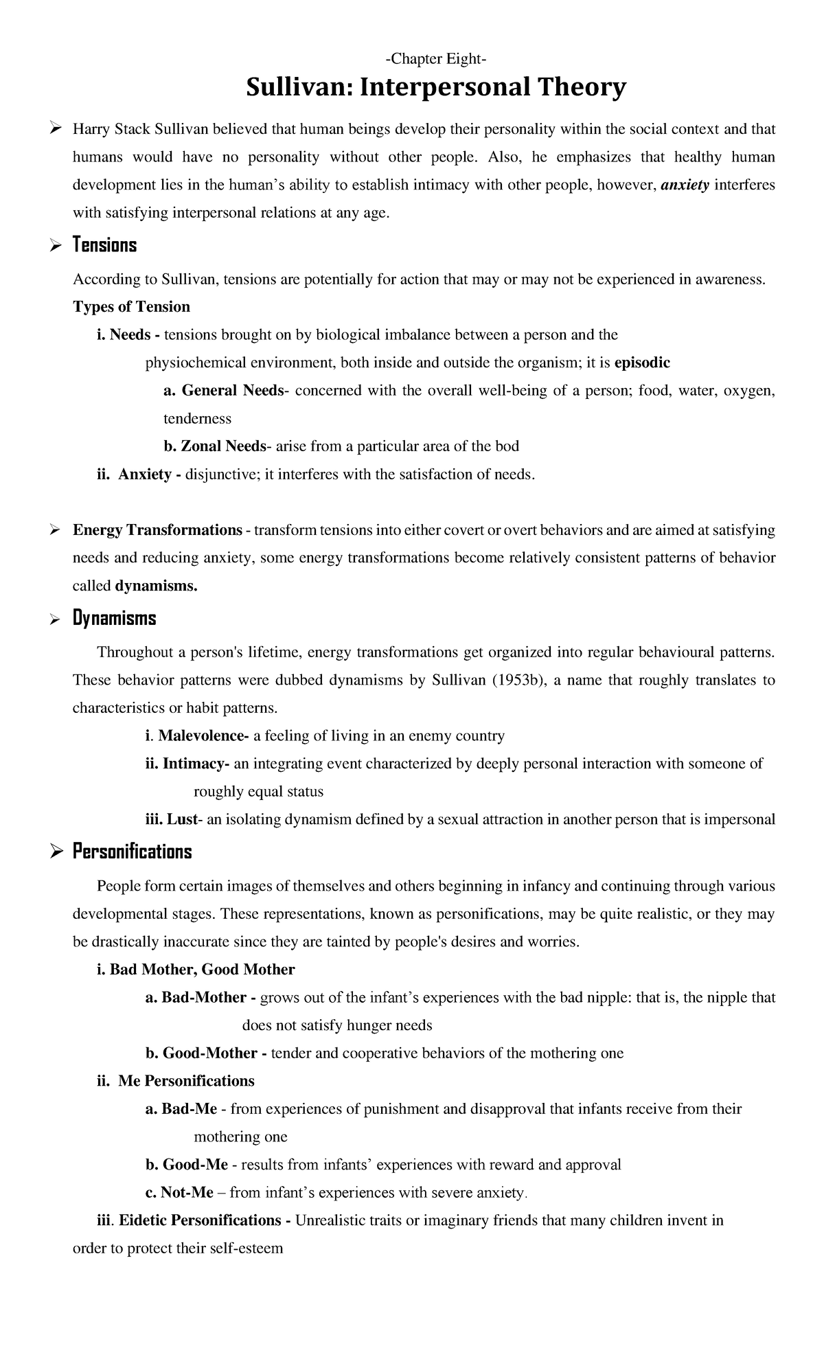 Chapter 8 Sullivan -Chapter Eight- Sullivan: Interpersonal Theory Harry ...