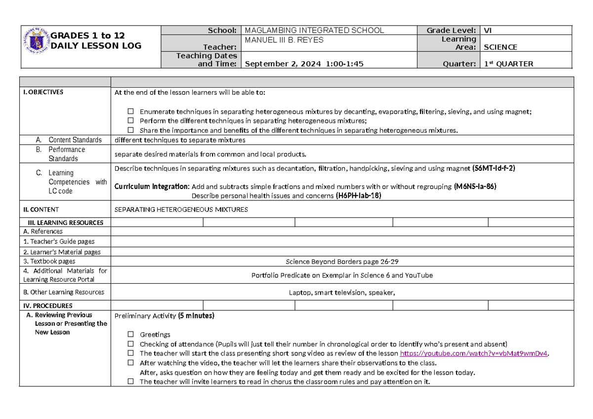 Class Demonstration Lesson PLAN Quartre 1 - GRADES 1 to 12 DAILY LESSON ...