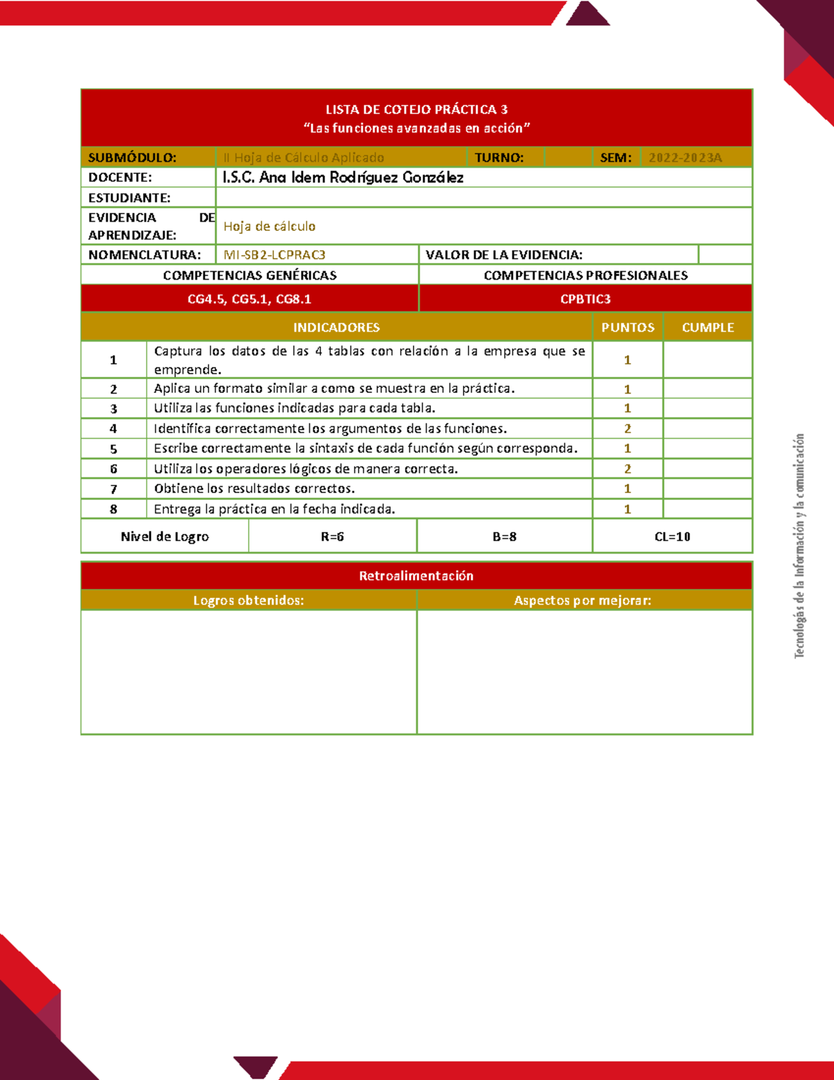 Lista DE Cotejo Práctica 3 - Tecnolog ías de la Informaci ón y la ...