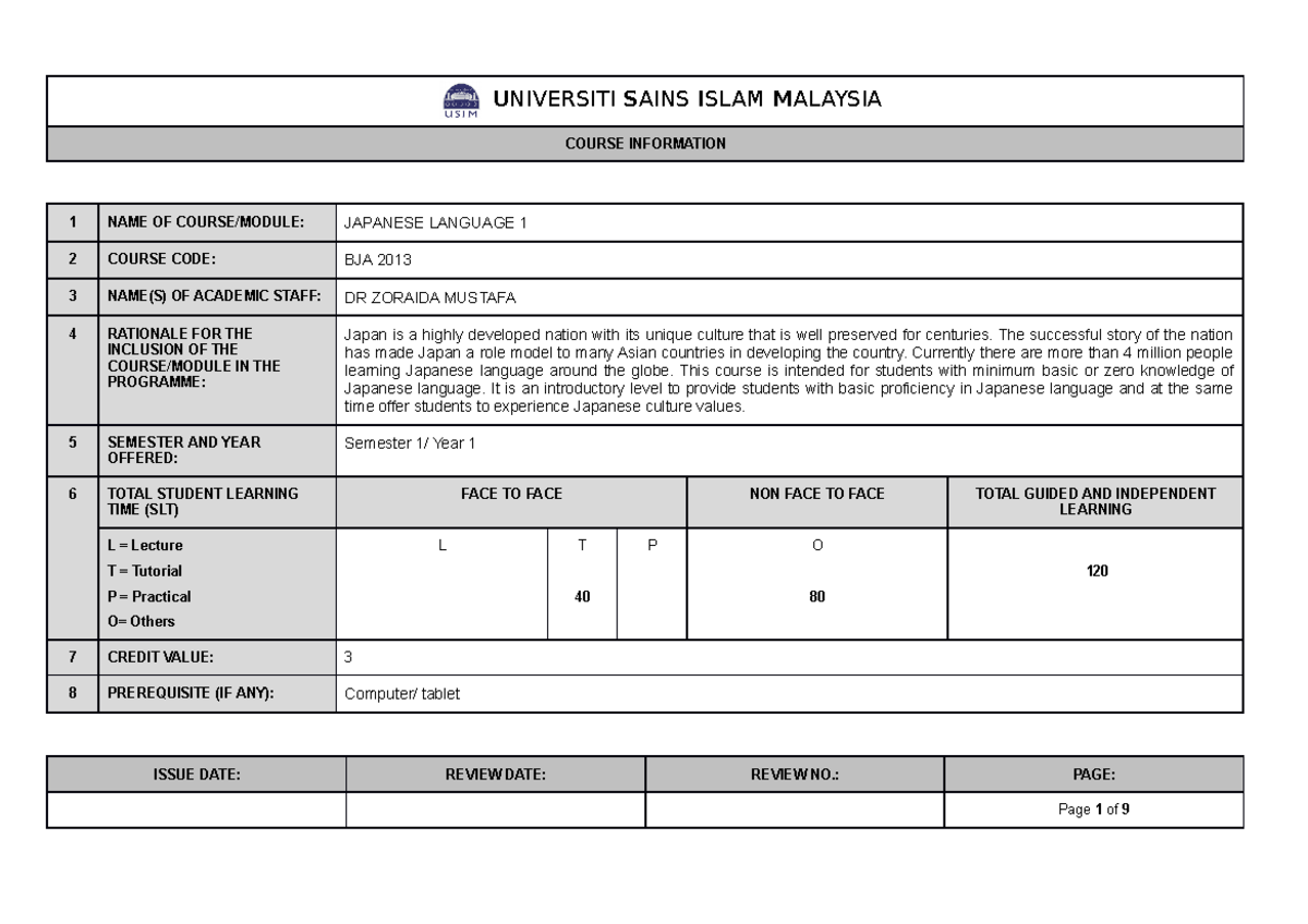 BJA2013 Course Outline - COURSE INFORMATION 1 NAME OF COURSE/MODULE ...