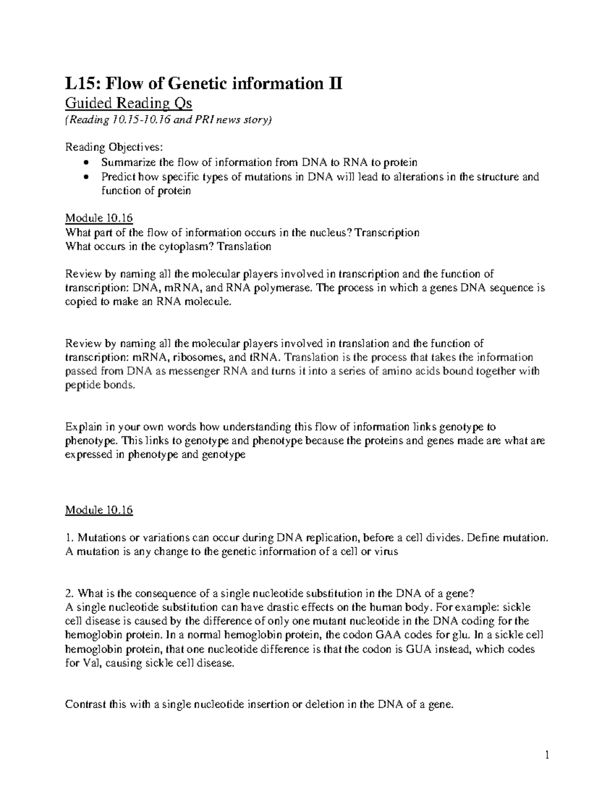 Lesson 14 GRQs Flow of Genetic information Part 2 - 1 L15: Flow of ...