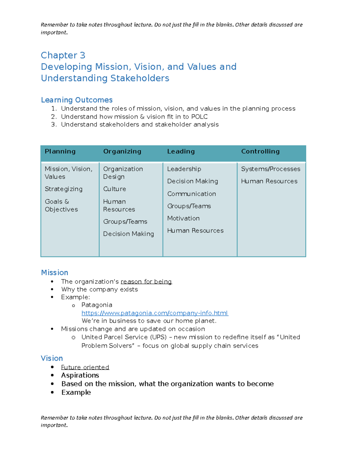 Chapter 3 Notes - important. Chapter 3 Developing Mission, Vision, and ...