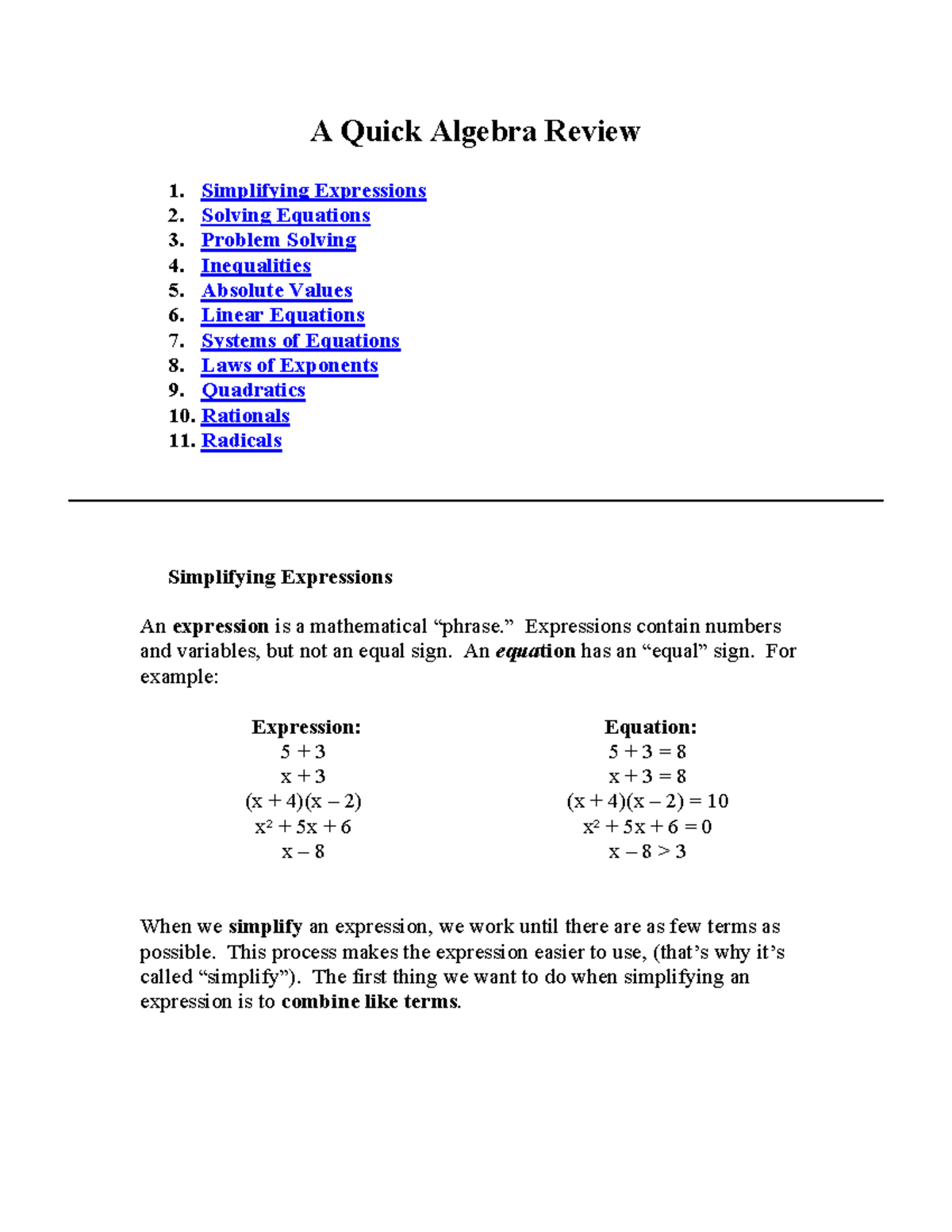 Algebra - Math - A Quick Algebra Review 1. Simplifying Expressions 2 ...